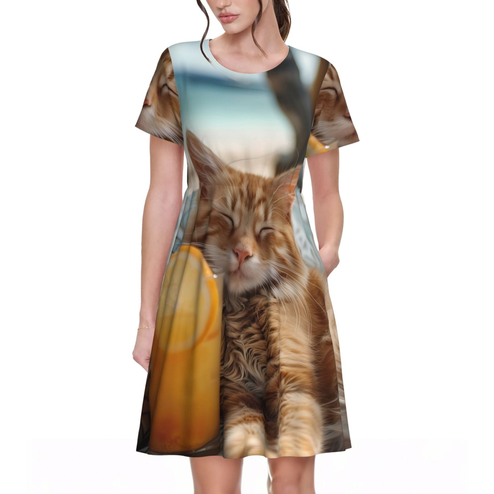 Vsdgher Relaxing Cat With Orange Juice for Womens Summer 2025 Casual Midi Maxi Dresses ...