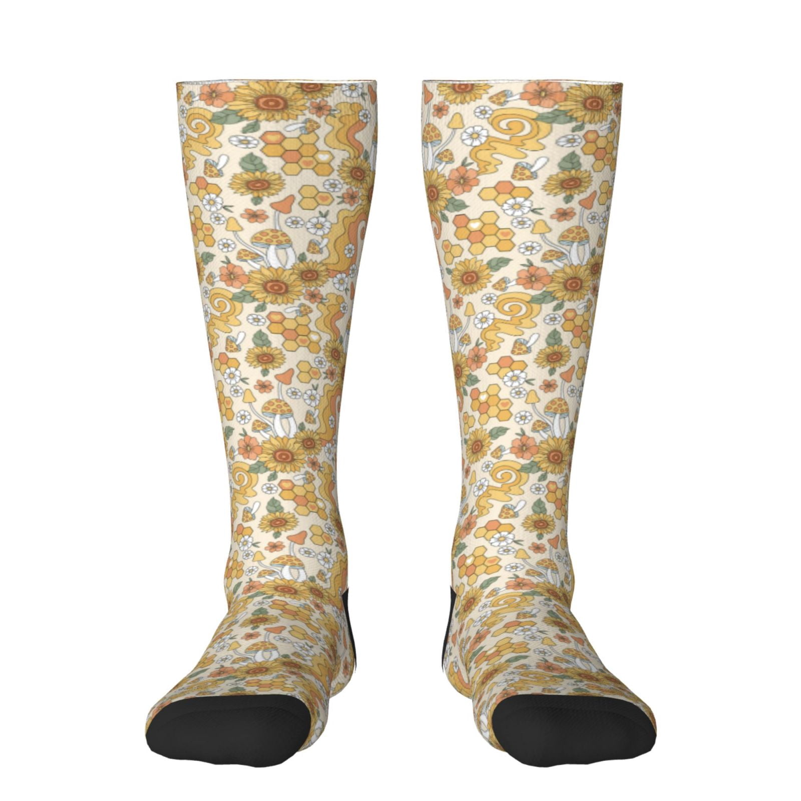Vsdgher Retro 70s 60s Flower Print Thigh High Socks Extra Long Stretchy ...