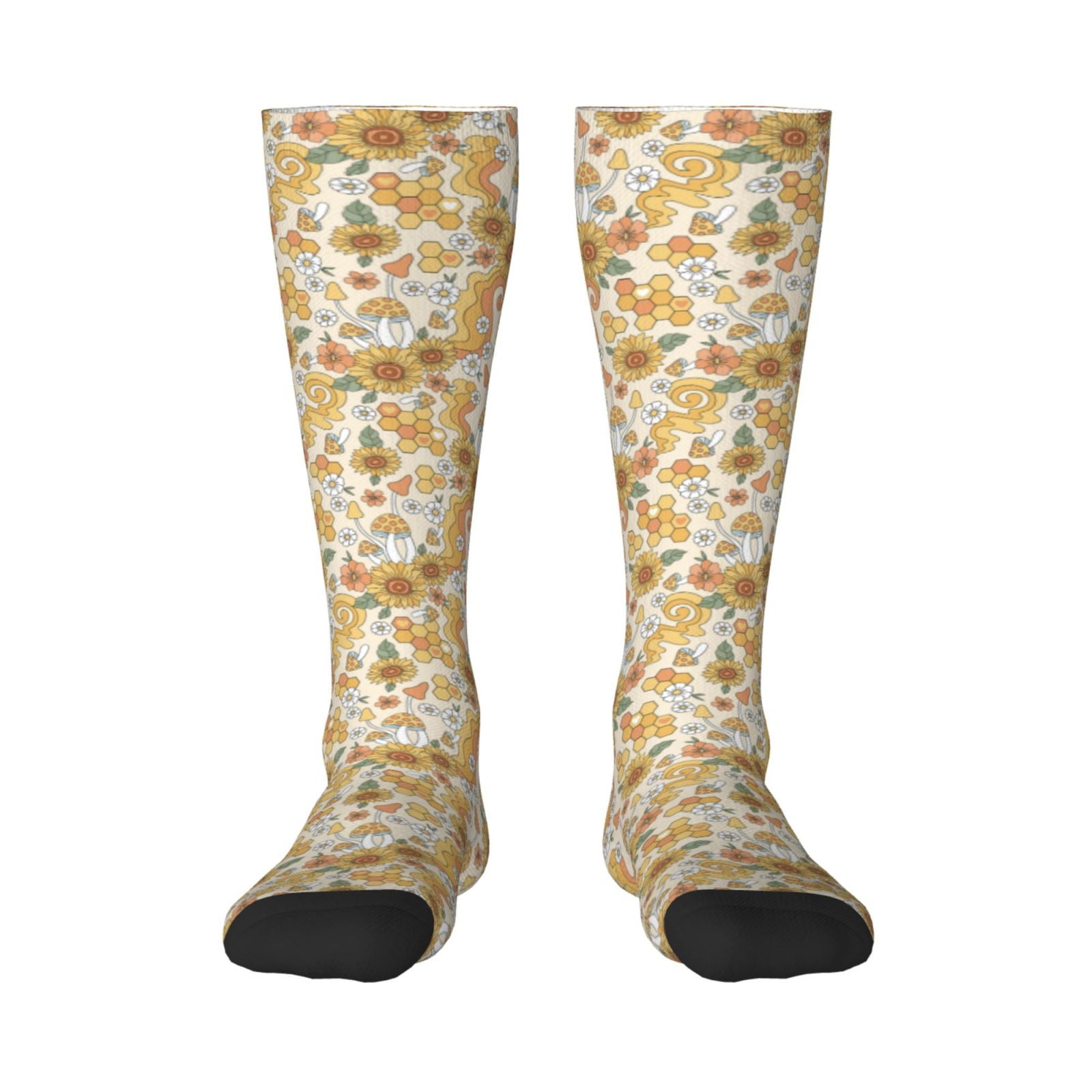 Vsdgher Retro 70s 60s Flower Print Thigh High Socks Extra Long Stretchy ...