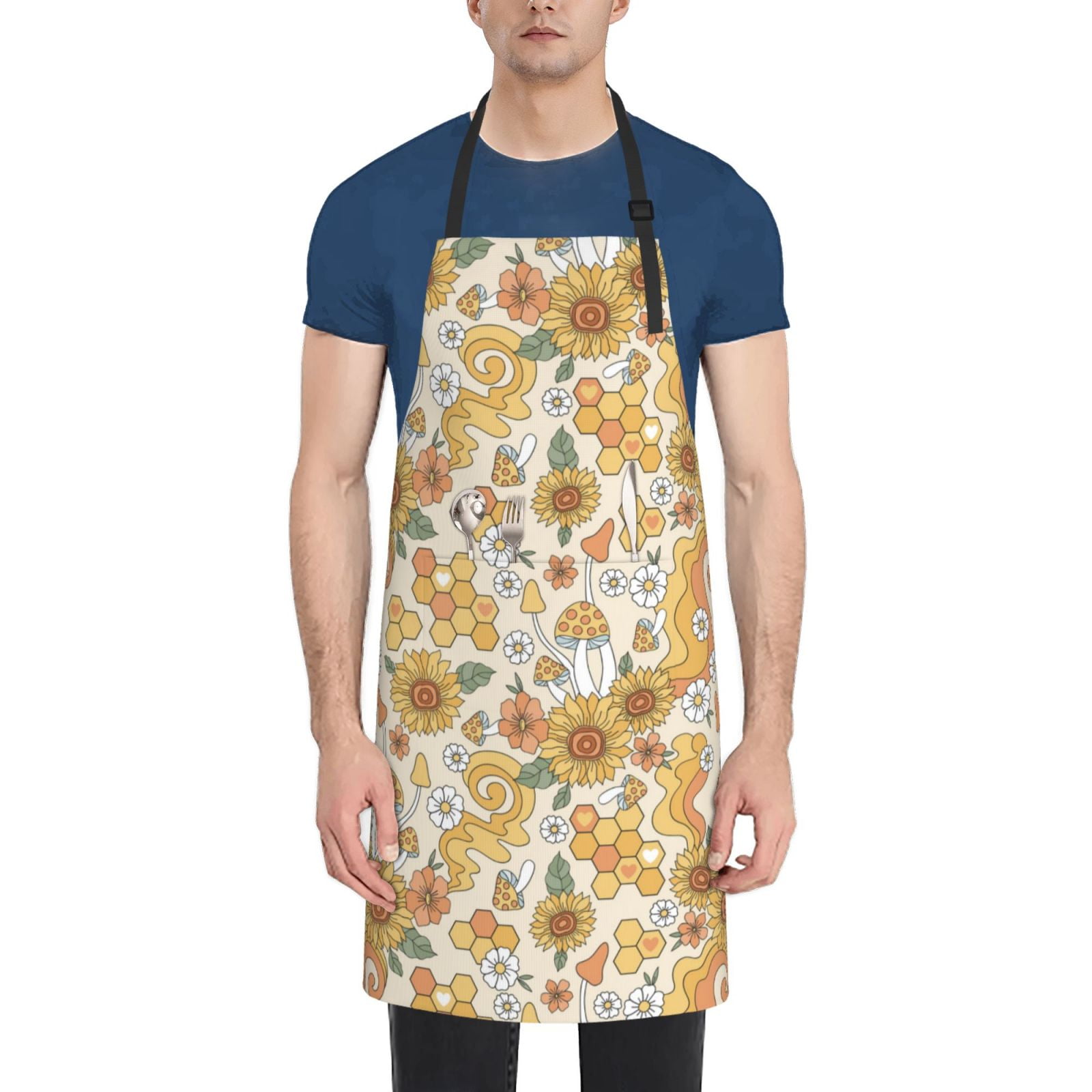 Vsdgher Retro 70s 60s Flower Waterproof Apron with 2 Pockets Kitchen ...