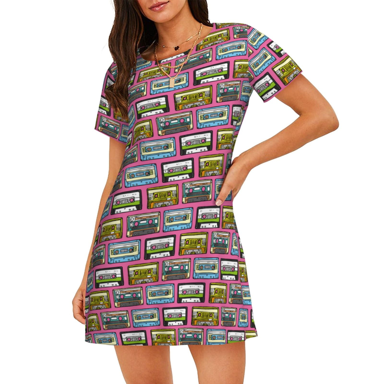 Vsdgher Retro Cassette Pattern Womens Short Sleeve Sleepshirt Scoopneck ...