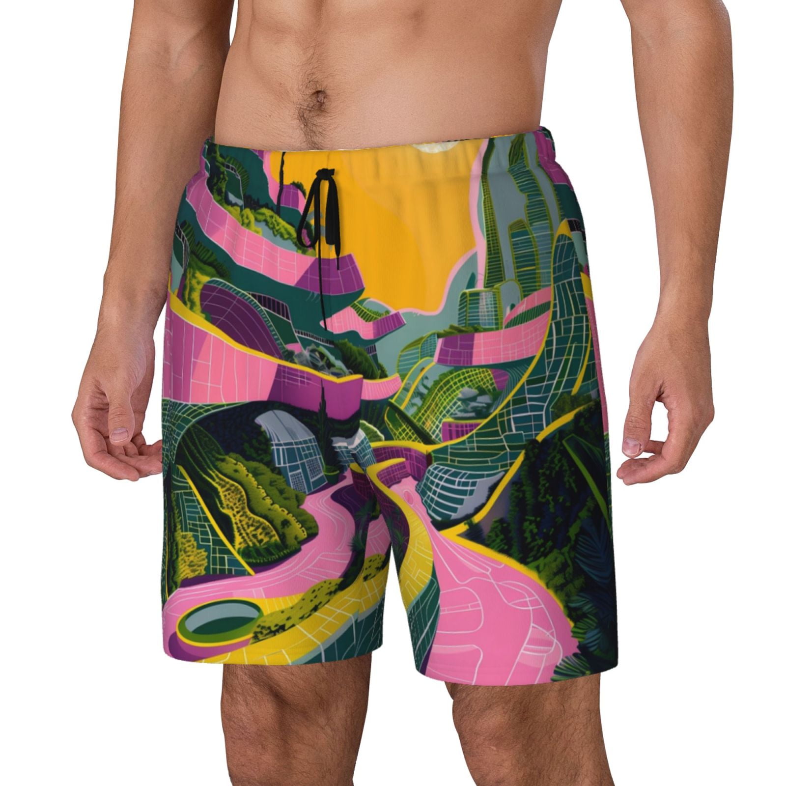 Vsdgher Retro Futuristic Landscape for Mens Swim Trunks with ...