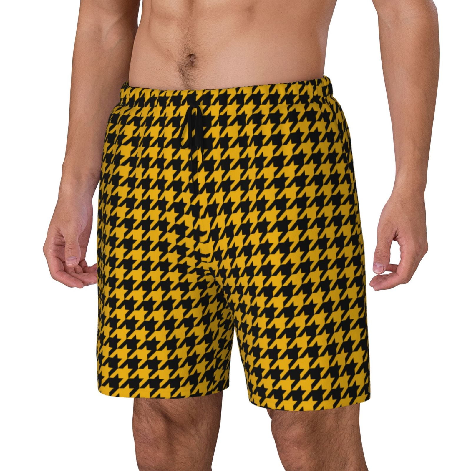 Vsdgher Retro Yellow and Black Houndstooth for Mens Swim Trunks with ...