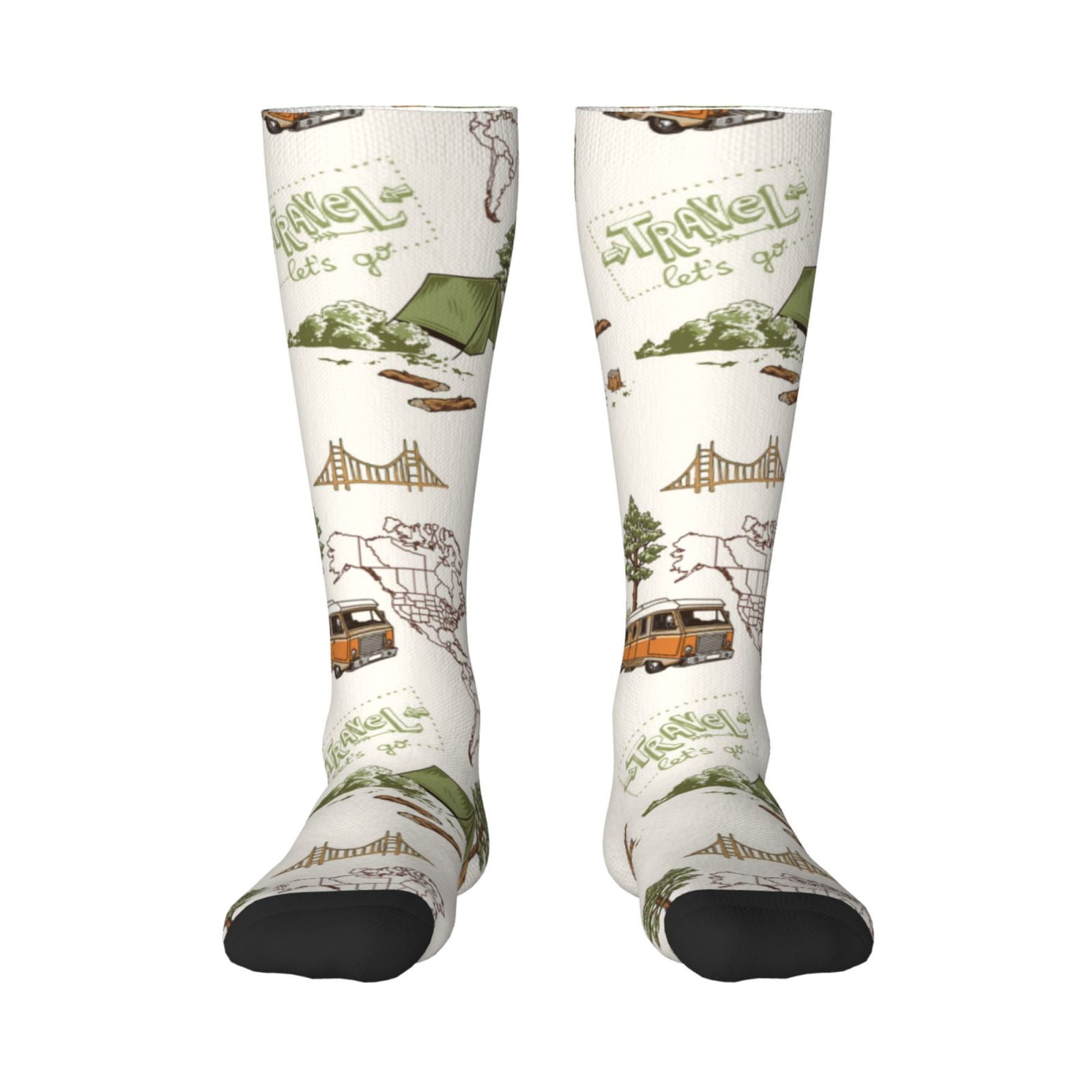 Vsdgher Road Trip Print Thigh High Socks Extra Long Stretchy Sock Women ...