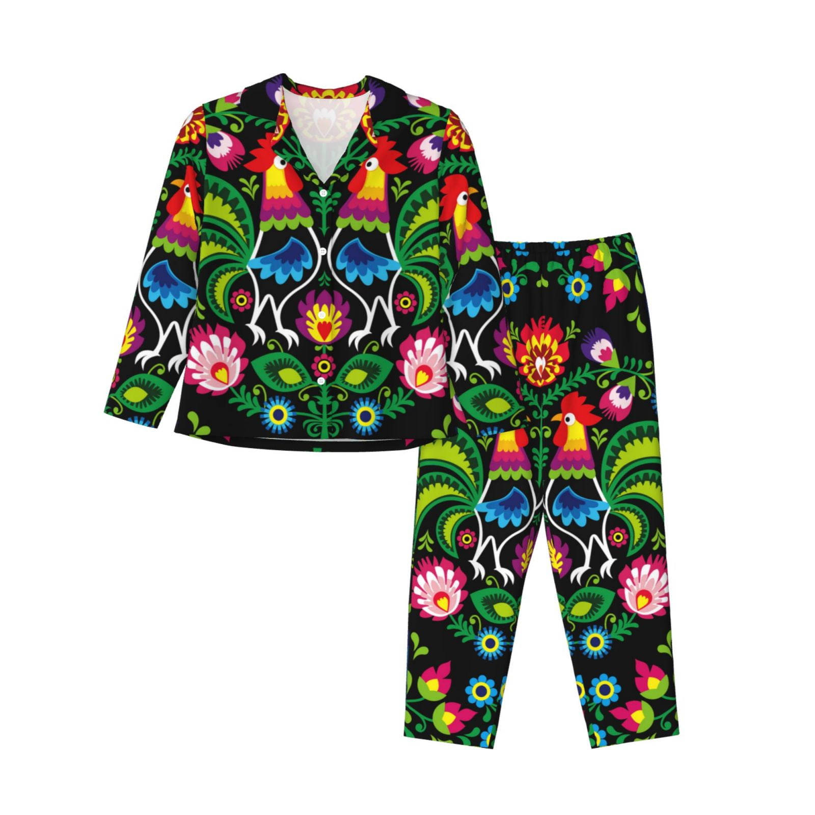 Vsdgher Roosters and Flowers Pajamas Set Long Sleeve Sleepwear Womens ...