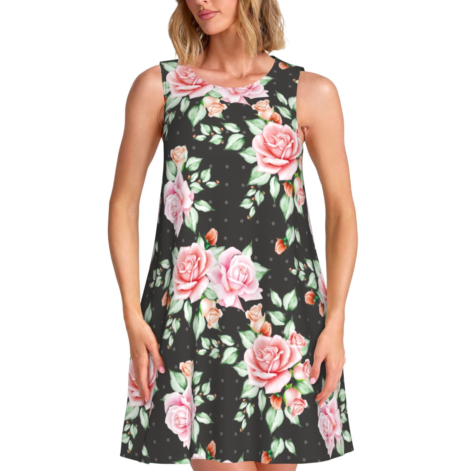 Vsdgher Rose Flowers Print Summer Dresses for Women Casual U Neck Beach ...