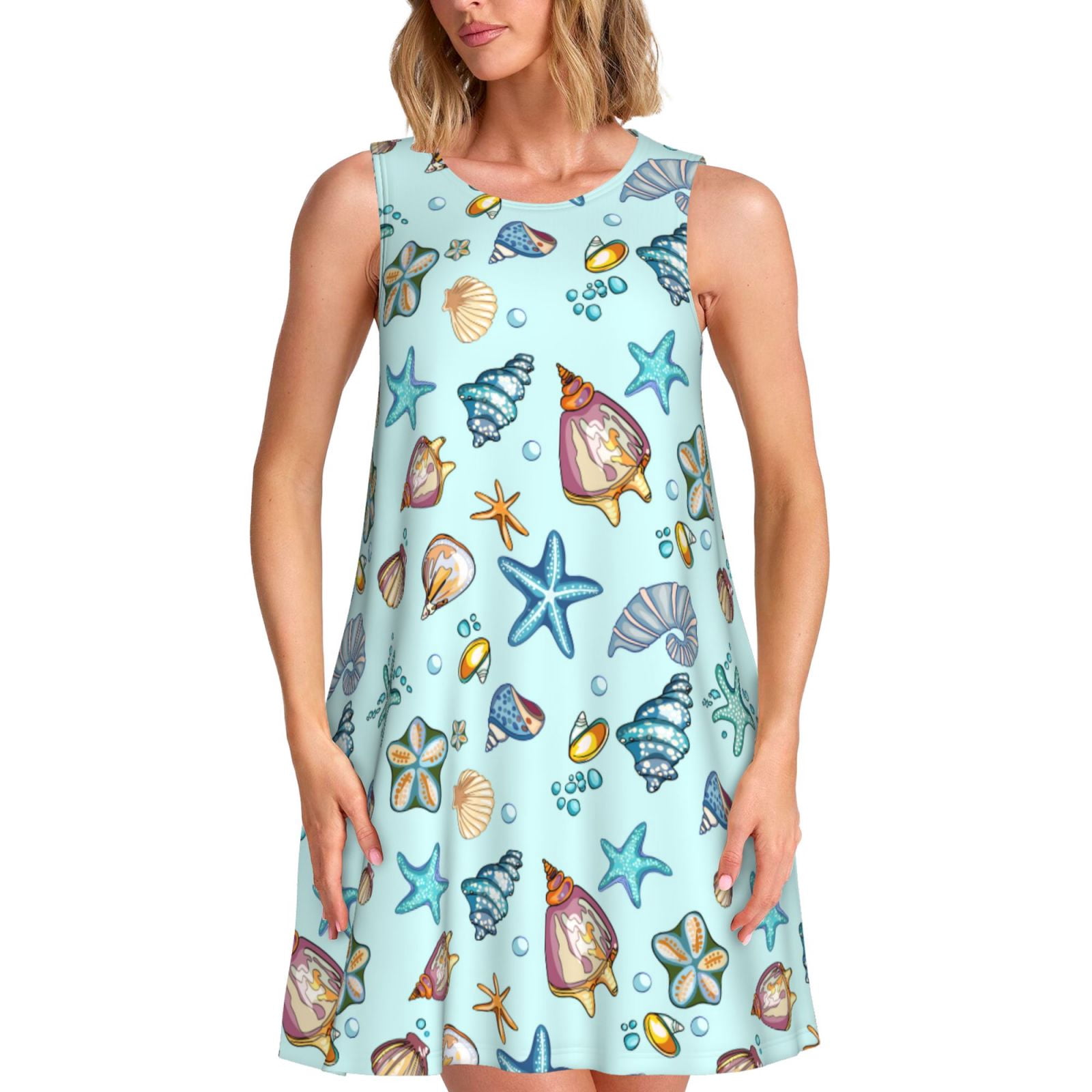 Vsdgher Sea Shells 2 Print Summer Dresses for Women Casual U Neck Beach ...