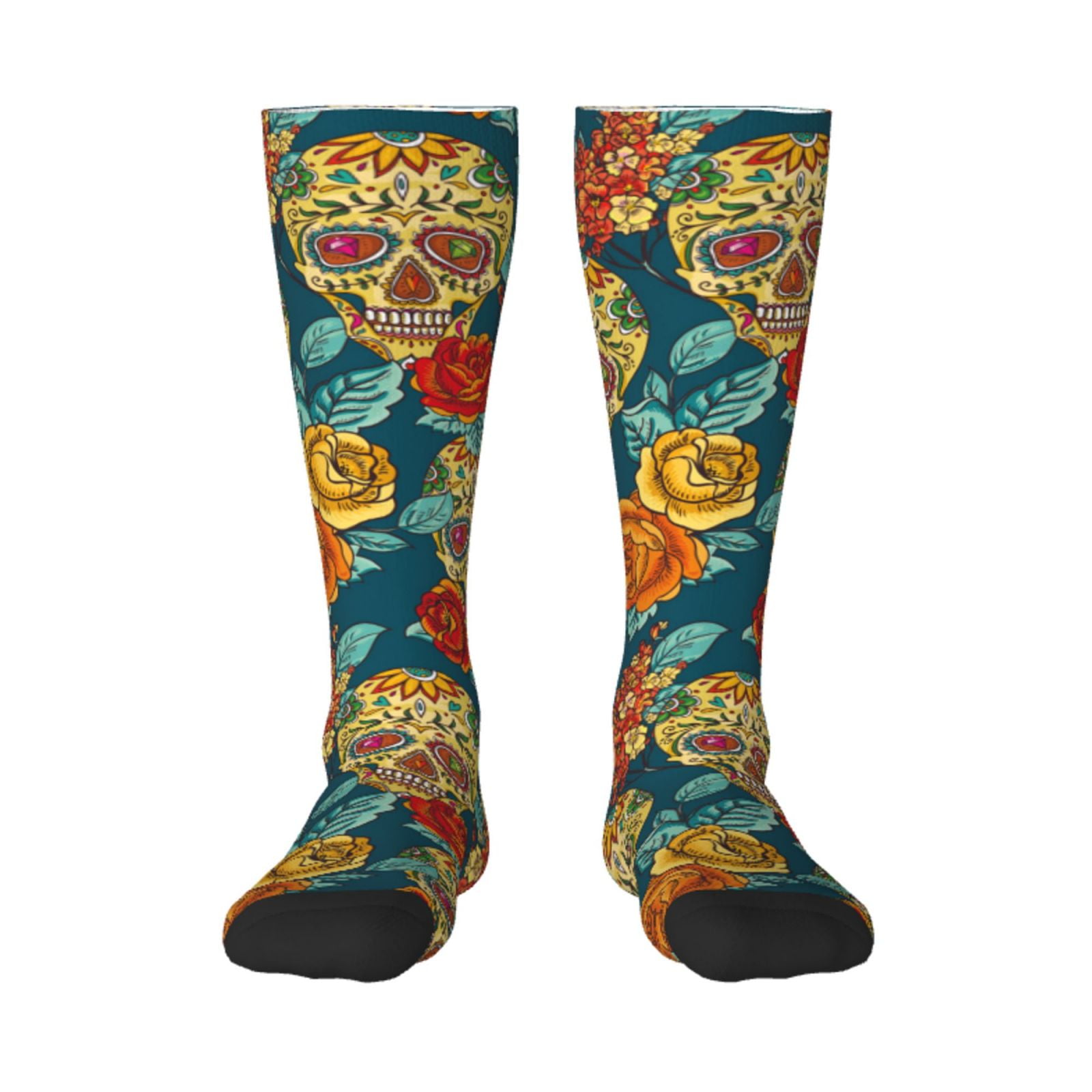 Vsdgher Skull And Flowers Print Thigh High Socks Extra Long Stretchy ...