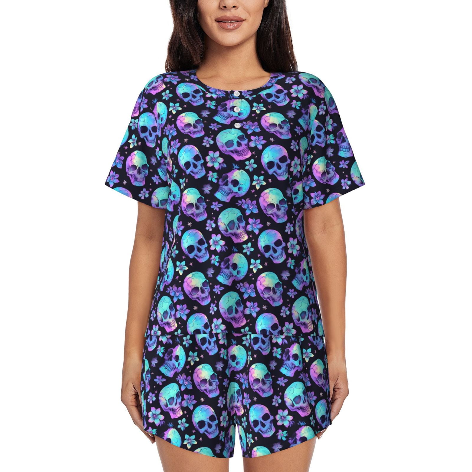 Vsdgher Skull flower tie dye Pattern Womens Pajamas 2 Piece Short Sleeve Sleepwear Set,Summer ...