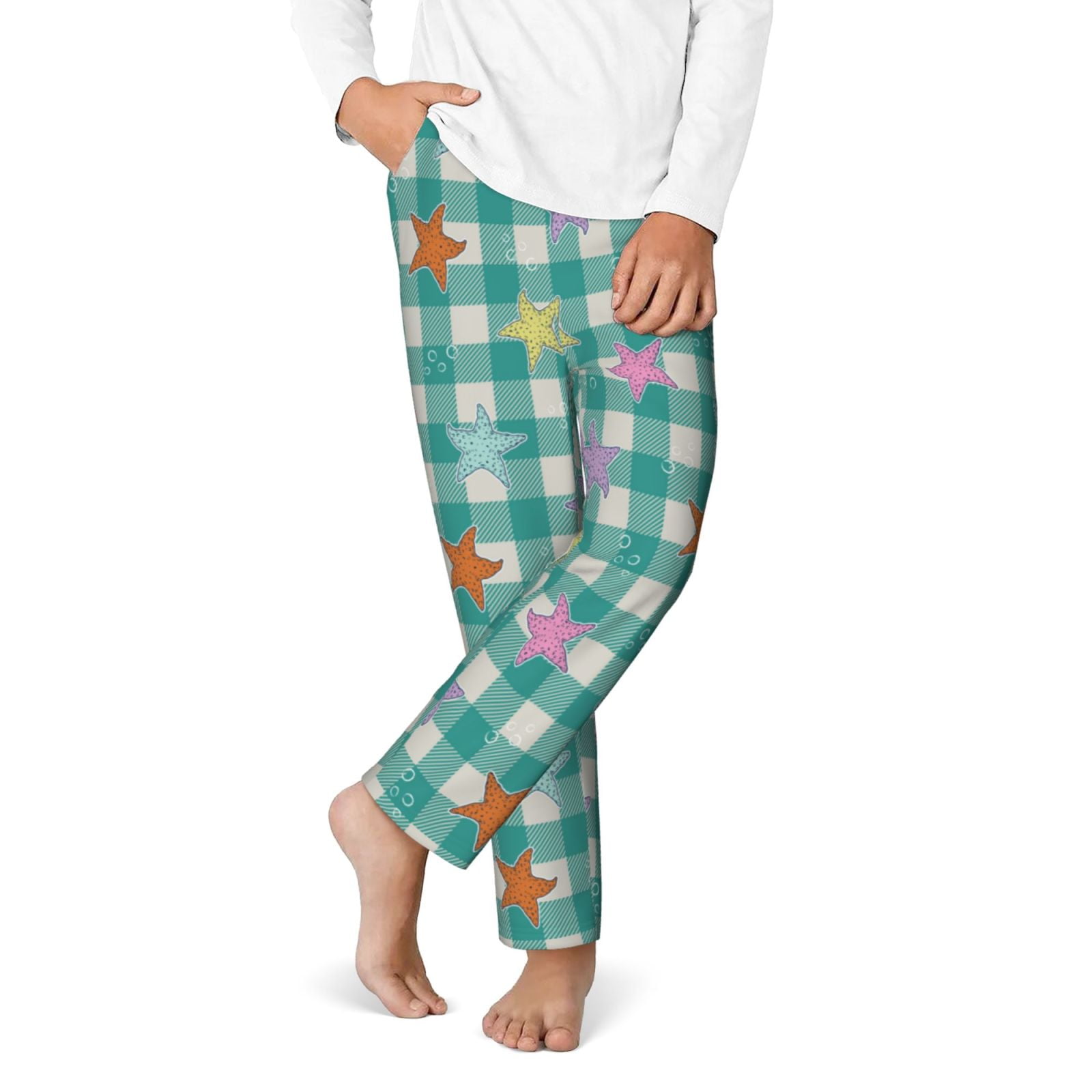 Vsdgher Starfish On Checkered Background Print Kids Pajama Pants,Long Sleep Plaid Pants Soft ...