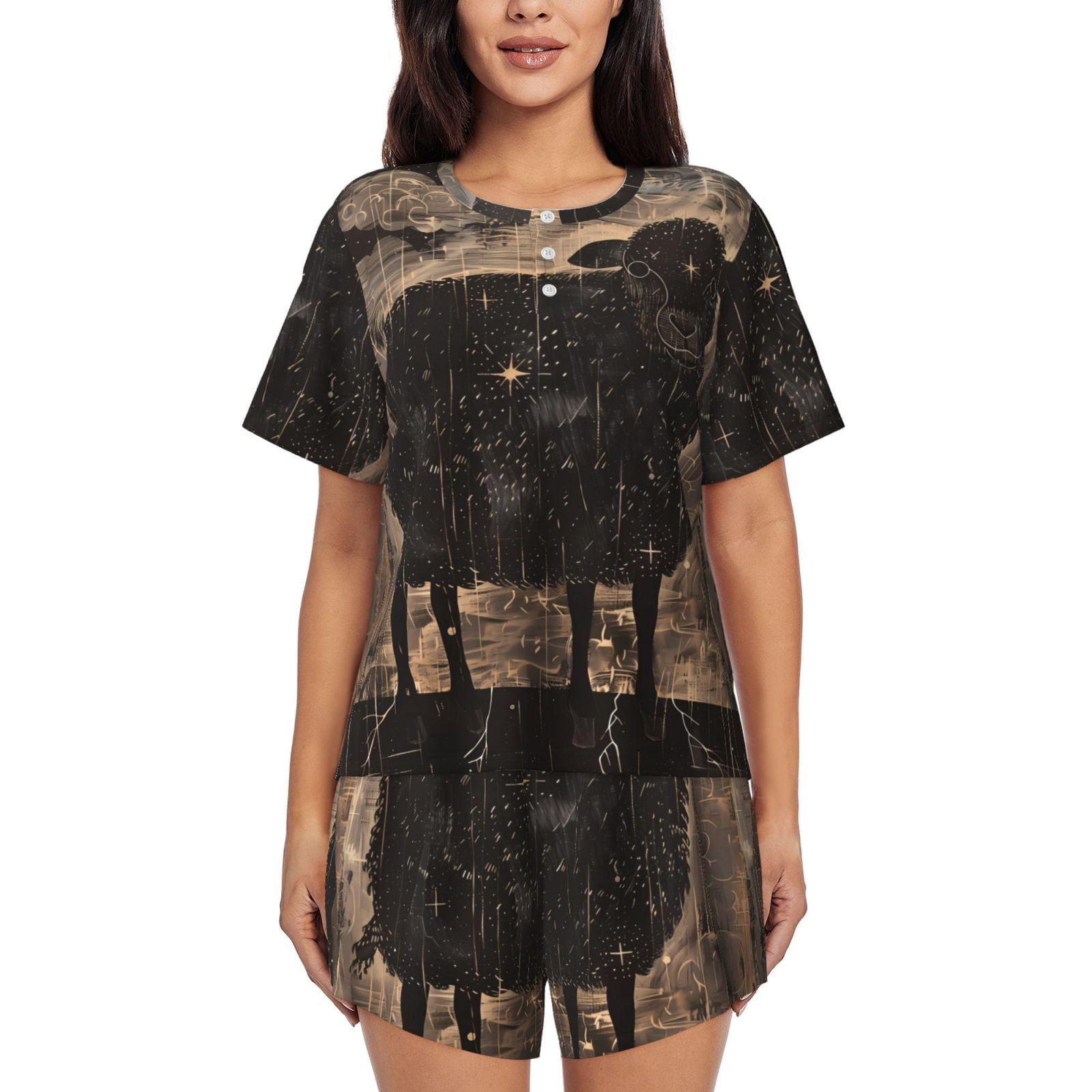 Vsdgher Starry Night Black Sheep Pattern Womens Pajamas 2 Piece Short ...