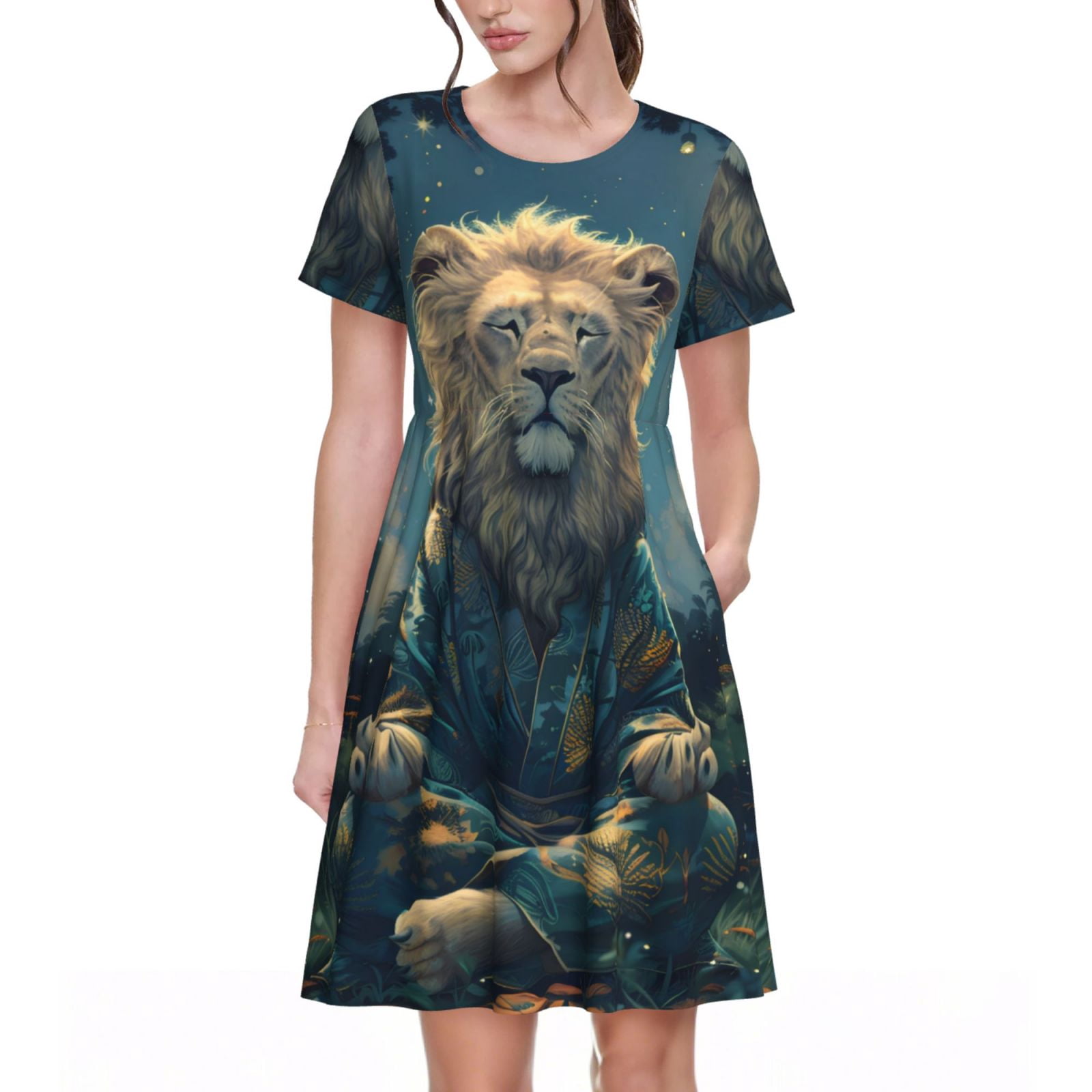 Vsdgher Starry Sky Meditating Lion for Womens Summer 2025 Casual Midi ...