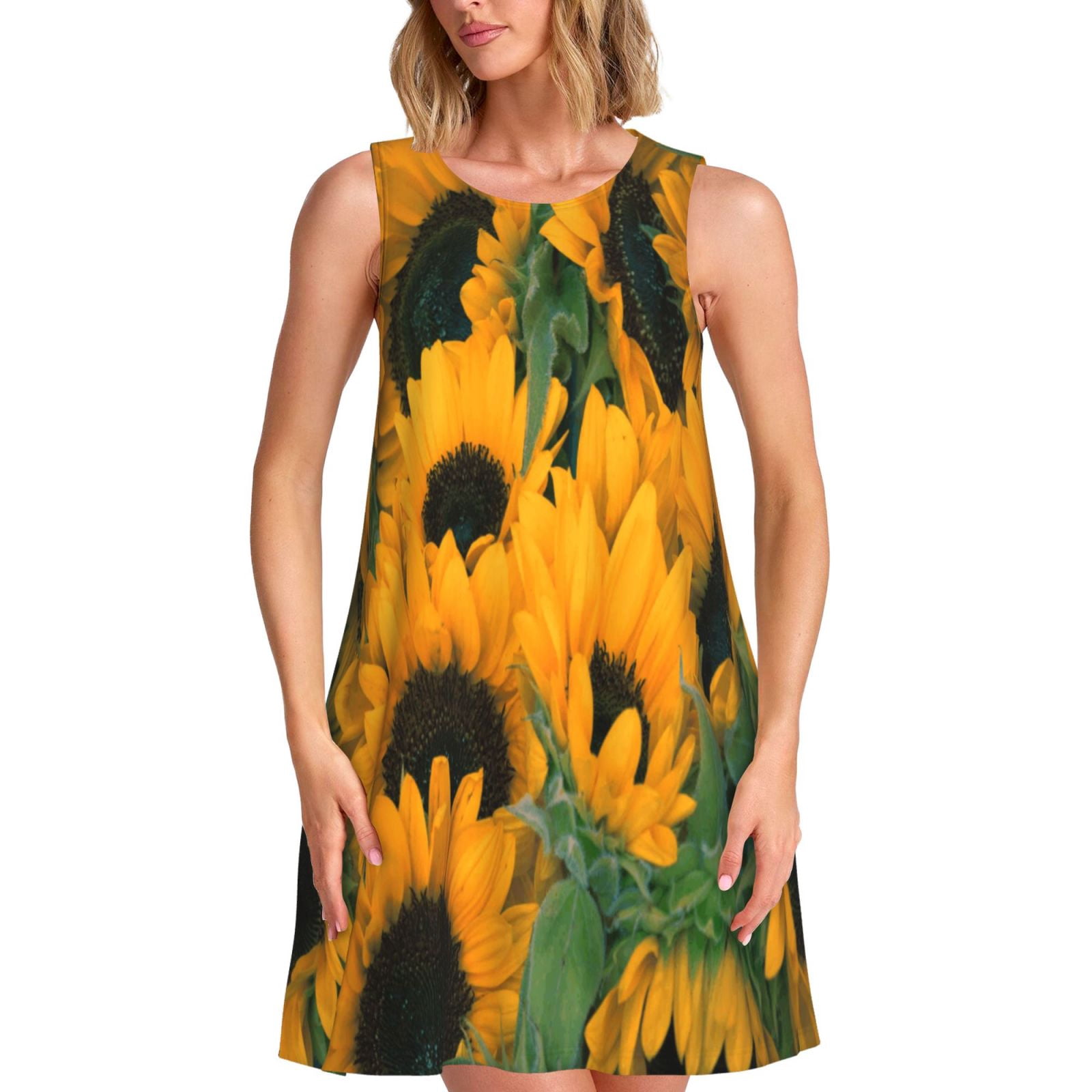 Vsdgher Sunflowers 7 Print Summer Dresses for Women Casual U Neck Beach ...