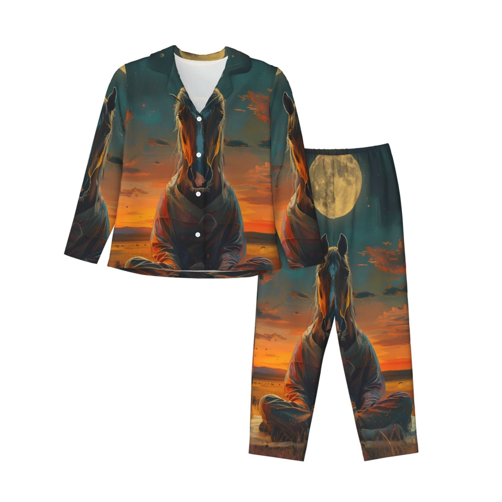 Vsdgher Sunset Prairie Meditating Horse Pajamas Set Long Sleeve ...