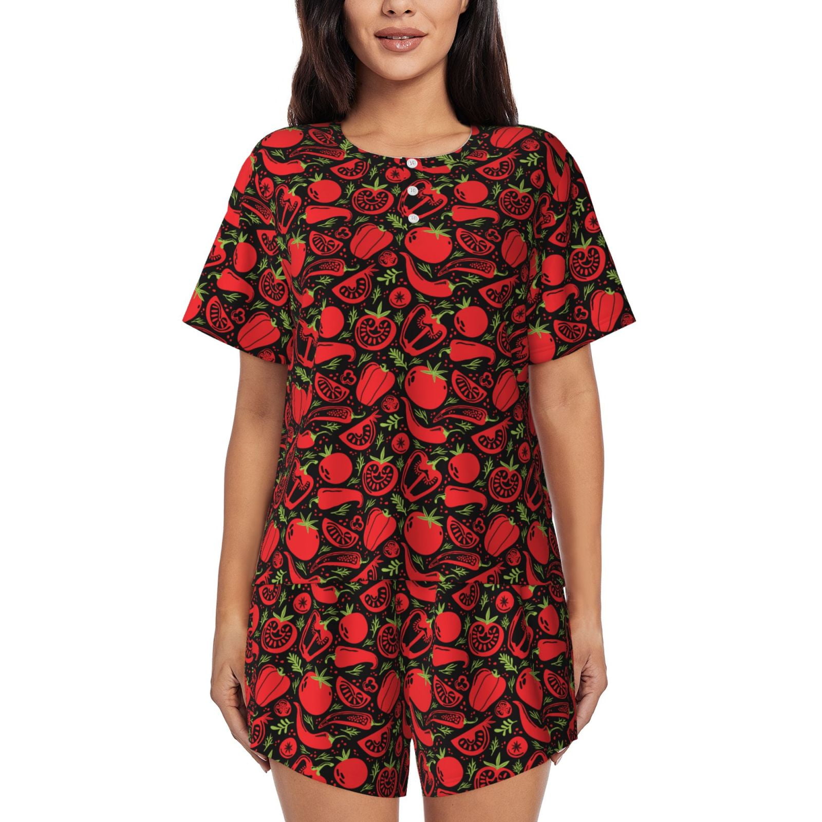 Vsdgher Tomatoes And Chili Pattern Womens Pajamas 2 Piece Short Sleeve ...
