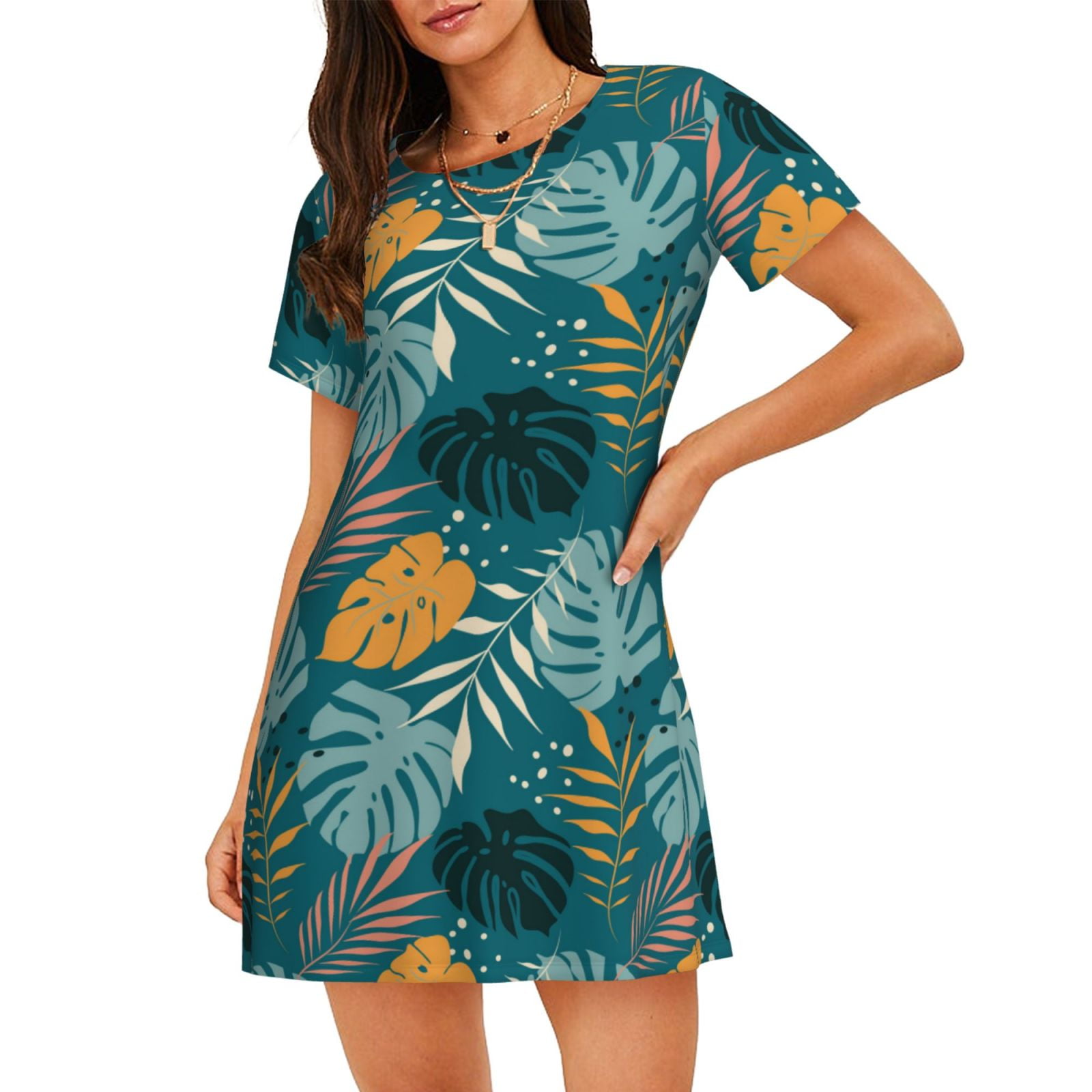 Vsdgher Tropical Leaves Pattern Womens Short Sleeve Sleepshirt ...