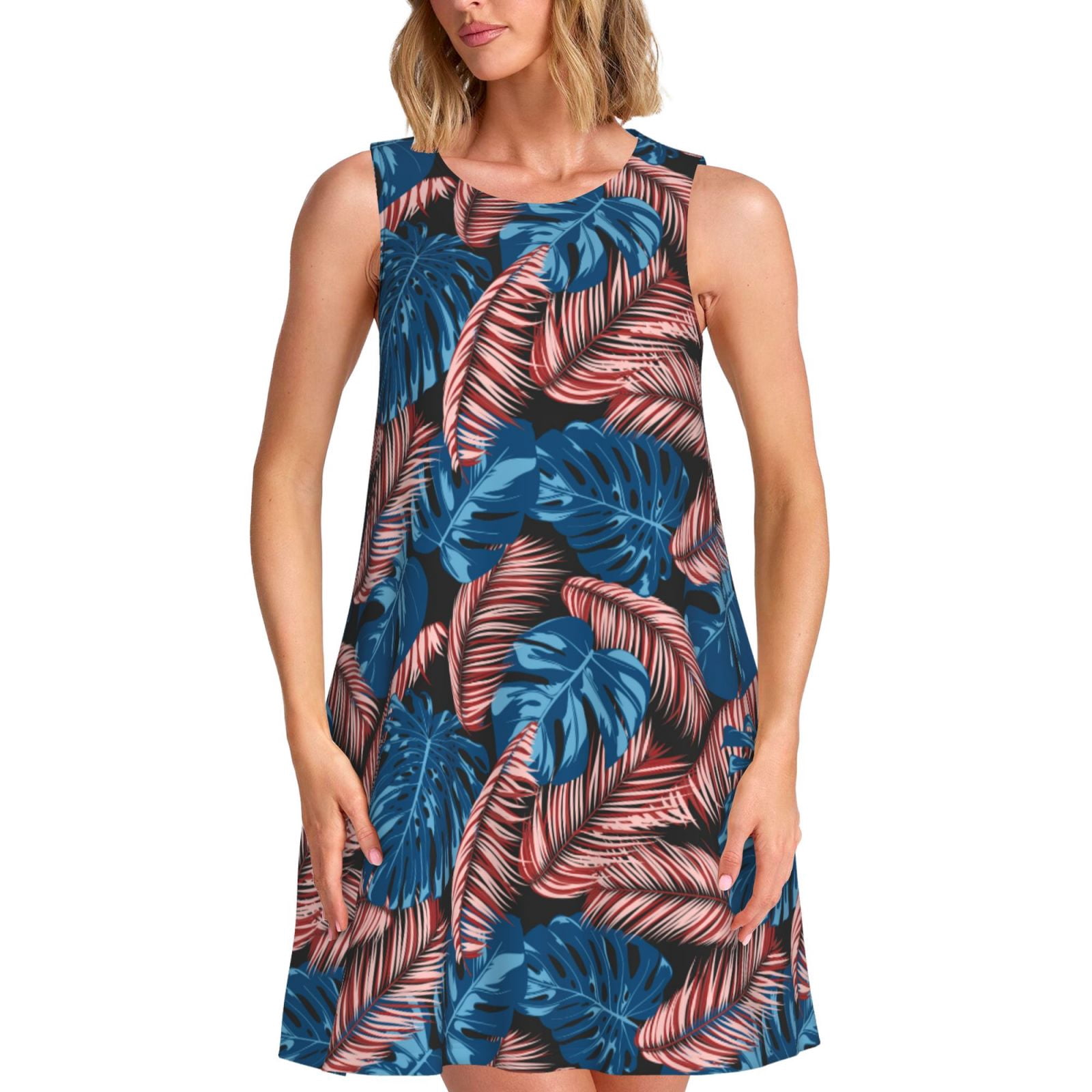 Vsdgher Tropical Leaves Print Summer Dresses for Women Casual U Neck ...