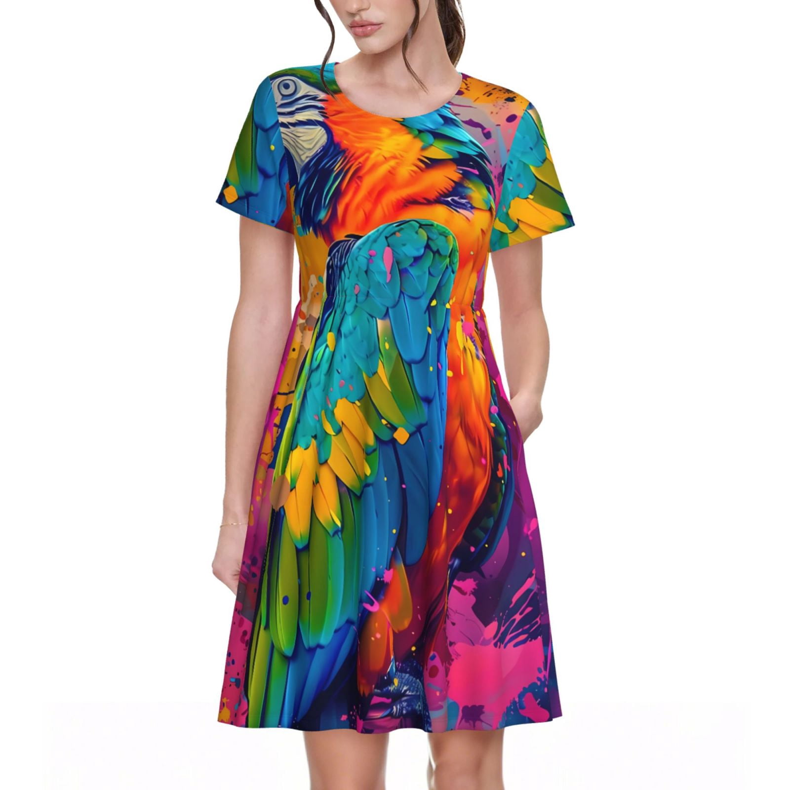 Vsdgher Vibrant Parrot Splash Art for Womens Summer 2025 Casual Midi ...