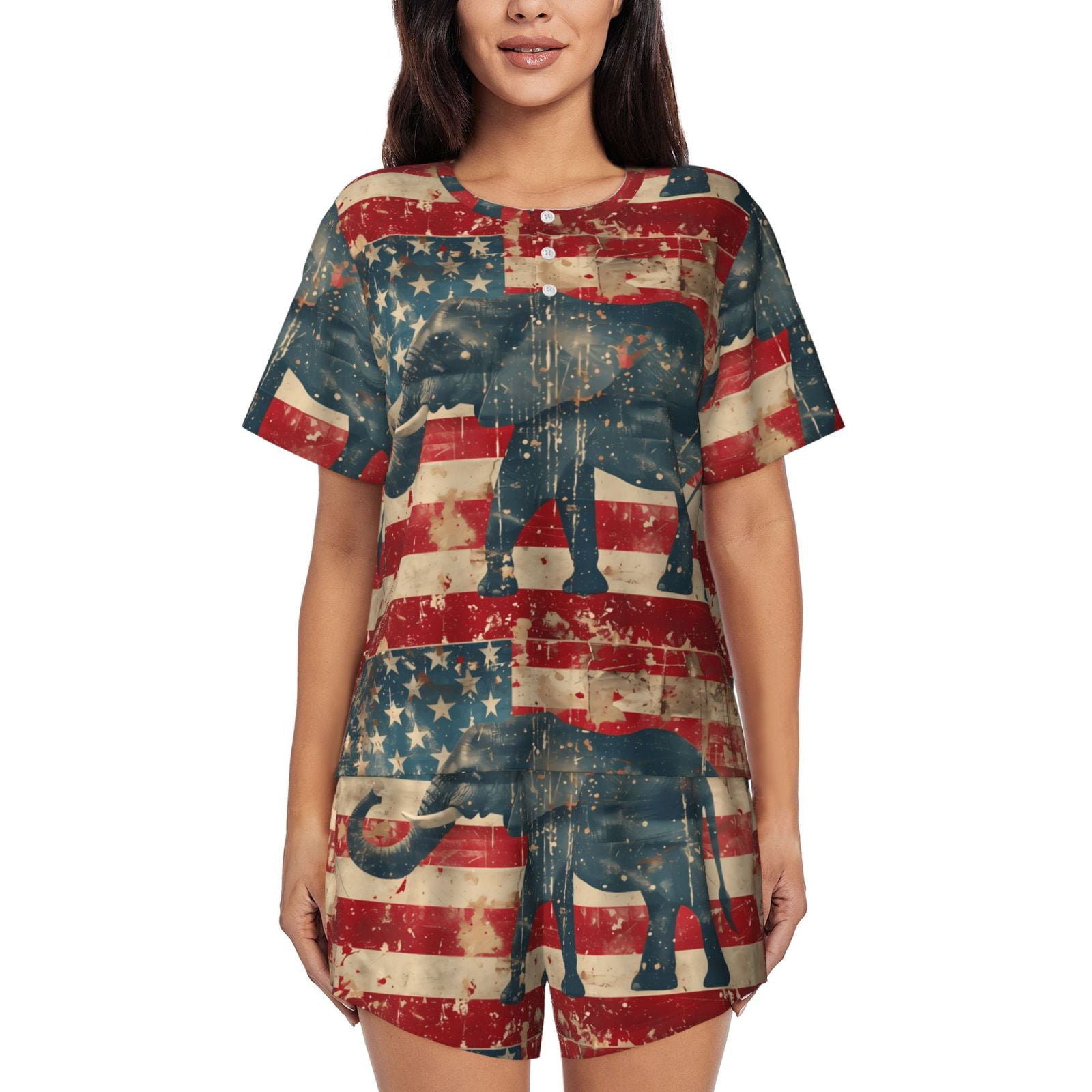 Vsdgher Vintage American Flag Elephant Pattern Womens Pajamas 2 Piece ...