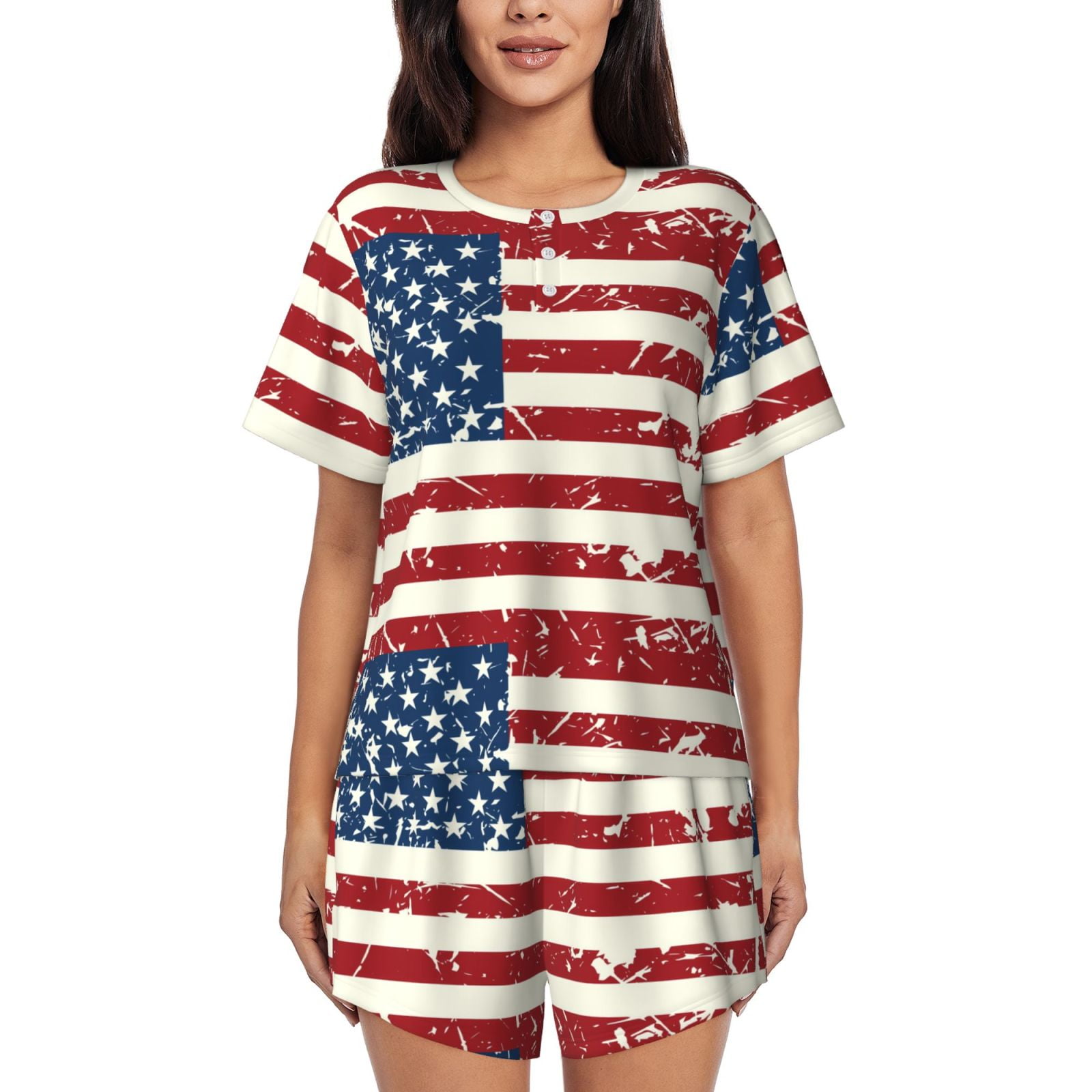 Vsdgher Vintage American Flag Pattern Womens Pajamas 2 Piece Short ...
