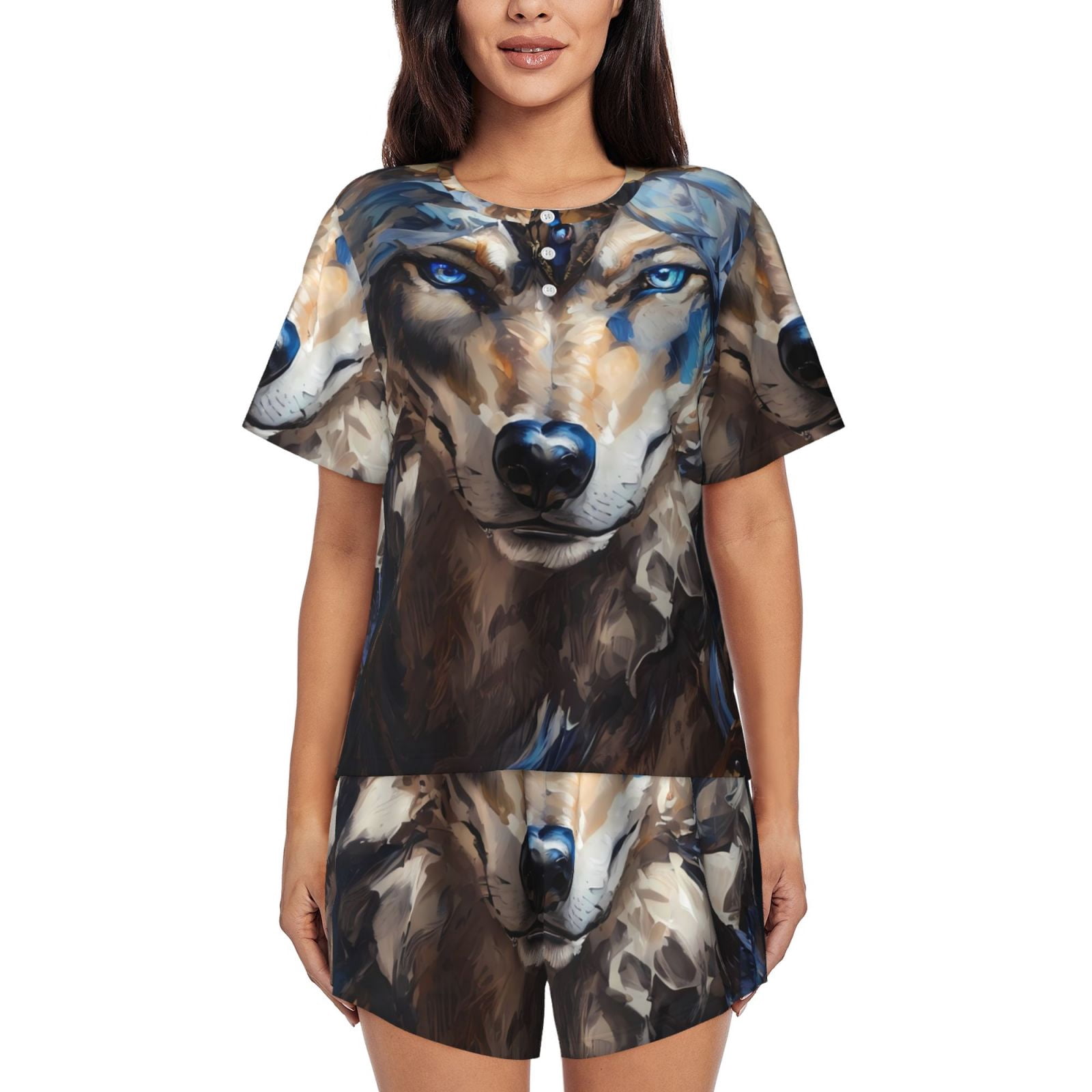 Vsdgher Vintage Blue Floral Wolf Pattern Womens Pajamas 2 Piece Short ...