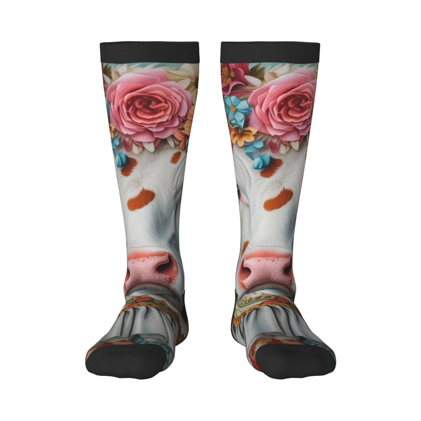 Vsdgher Vintage Colorful Floral Cow Print Thigh High Socks Extra Long ...