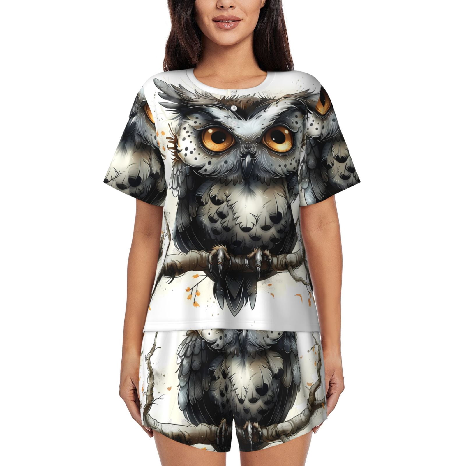 Vsdgher Whimsical Owl On Branch Pattern Womens Pajamas 2 Piece Short ...