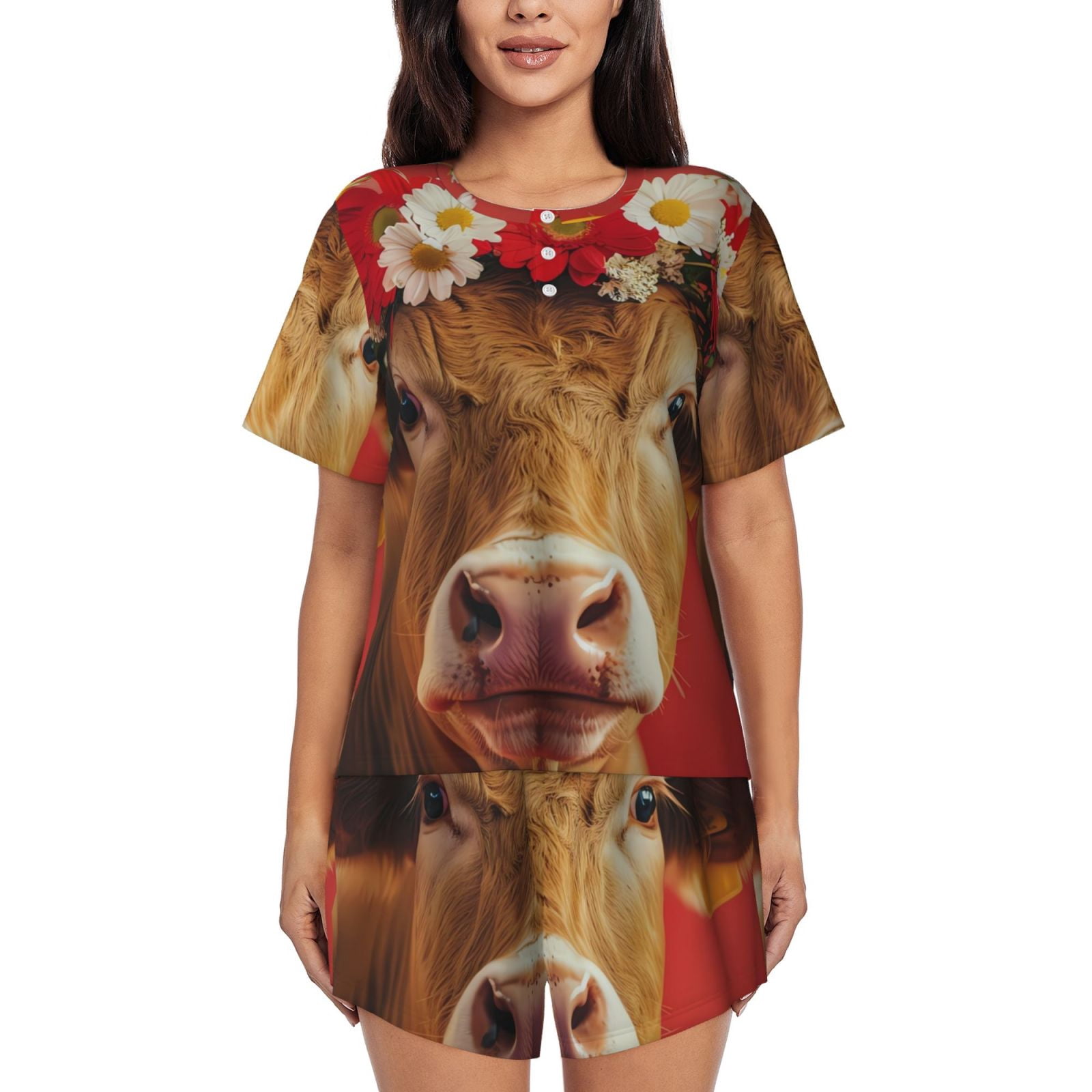 Vsdgher White And Red Daisy Cow Pattern Womens Pajamas 2 Piece Short ...