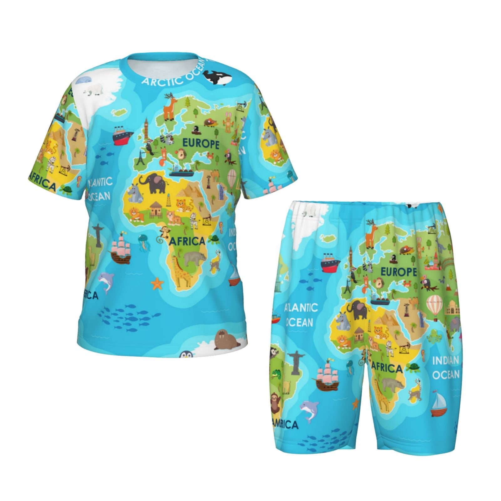 Vsdgher World Map With Animals Landmarks for Kids Short Sleeve Pajamas ...