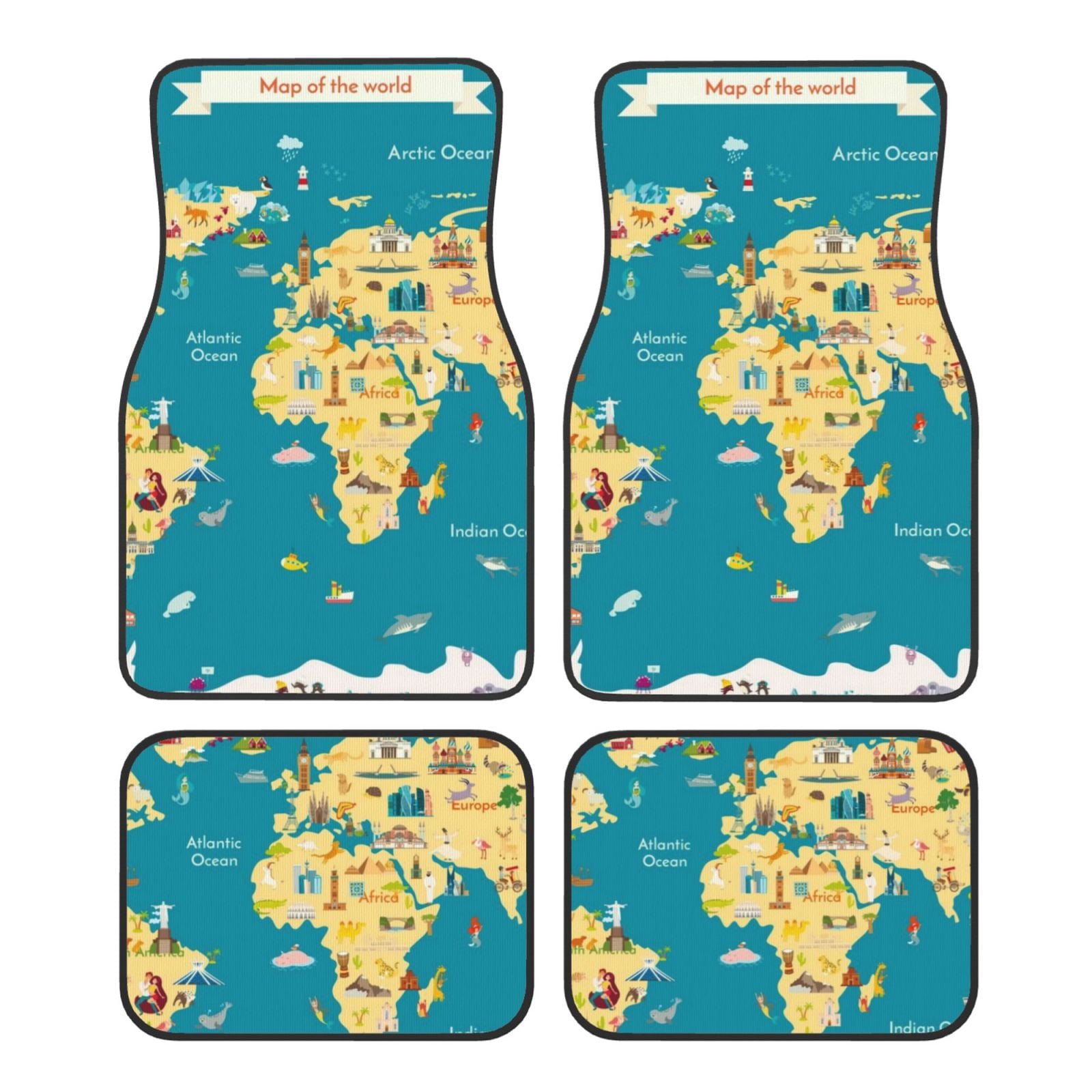 Vsdgher World Map With Landmarks Car Foot Mat Set of 4 Pieces Universal ...