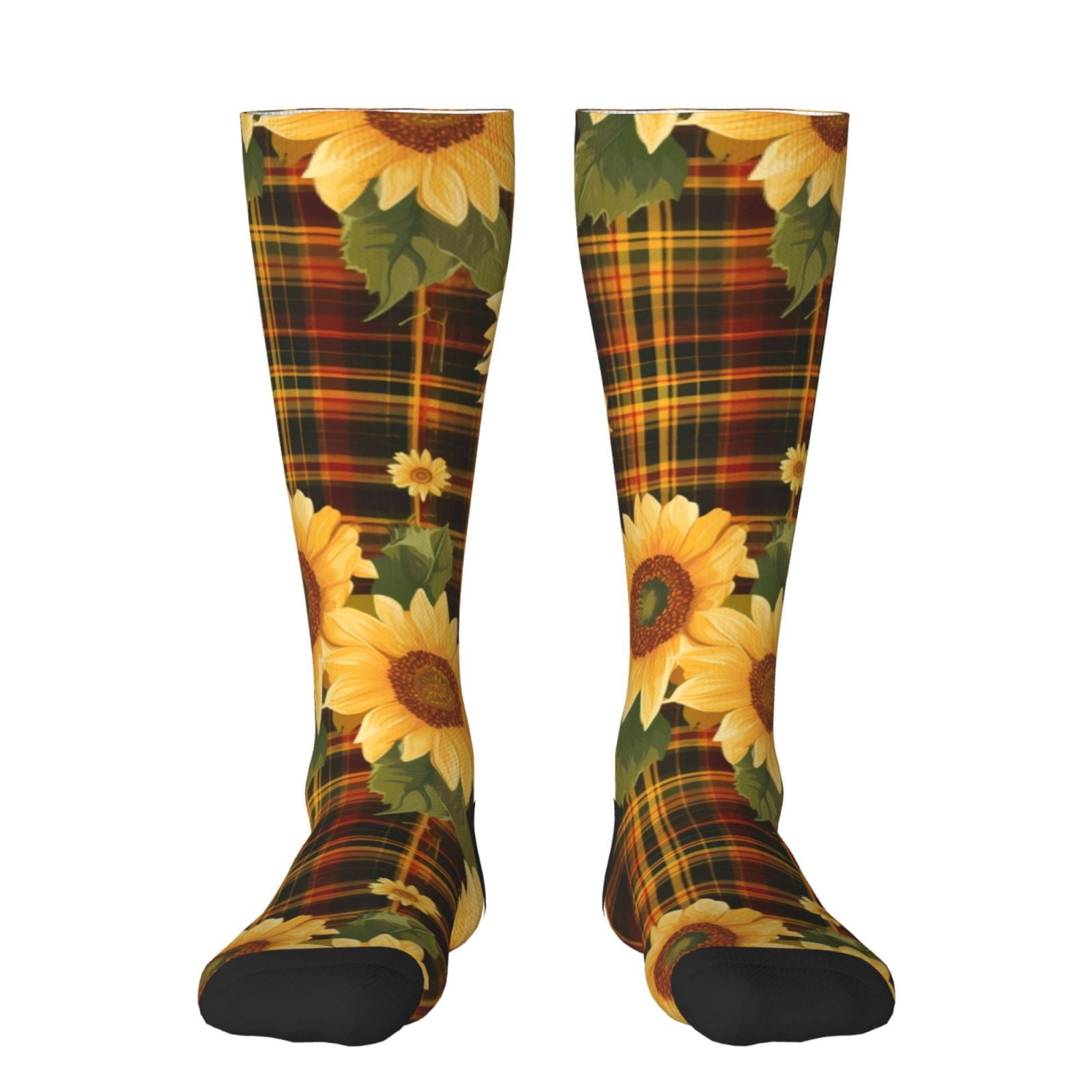 Vsdgher Yellow Black Plaid Sunflower Print Thigh High Socks Extra Long ...