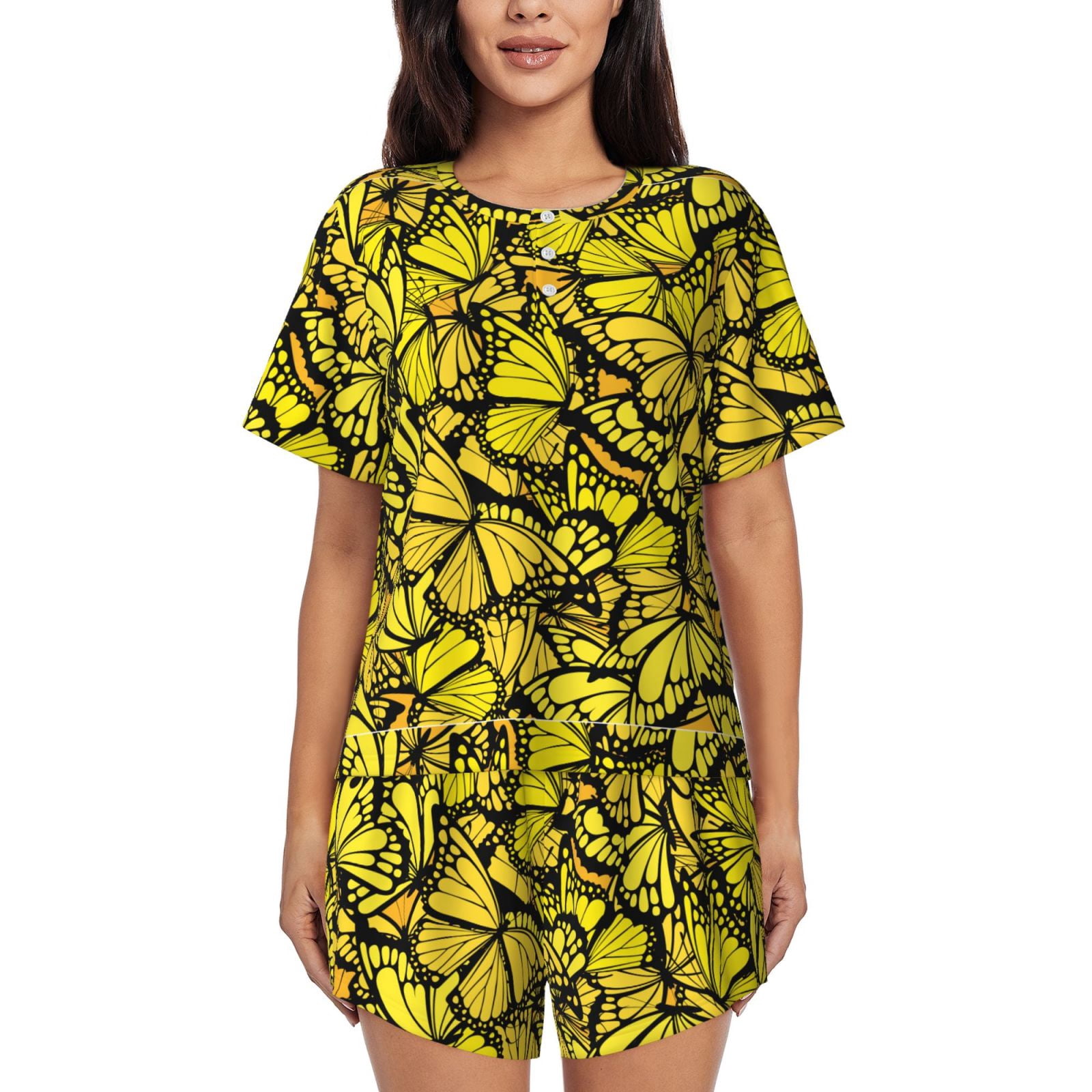 Vsdgher Yellow Butterflies Pattern Womens Pajamas 2 Piece Short Sleeve ...
