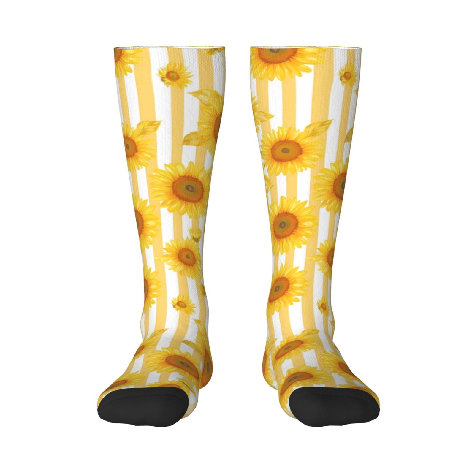 Vsdgher Yellow White Striped Sunflower Print Thigh High Socks Extra ...