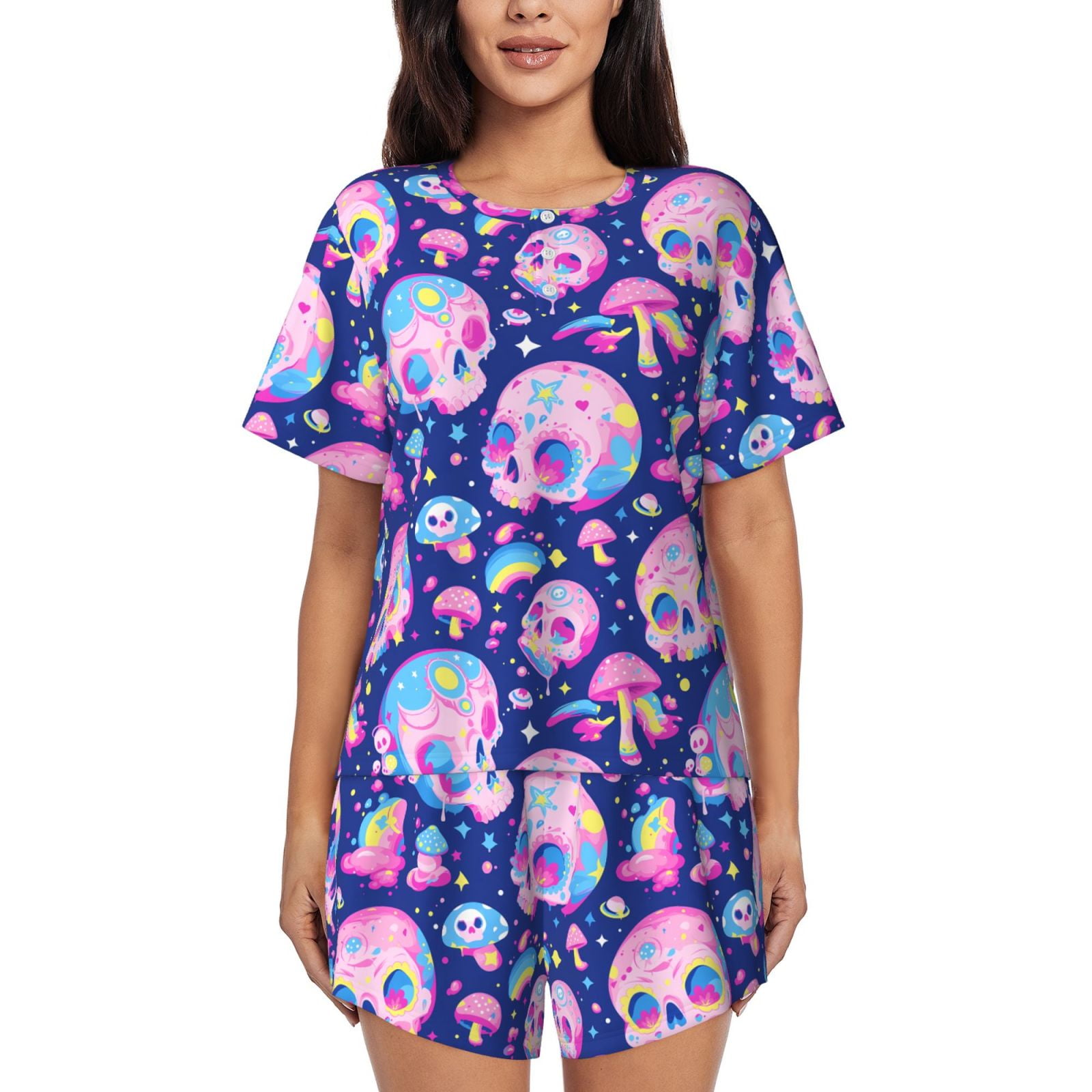 Vsdgher colorful Skull mushroom rainbow Pattern Womens Pajamas 2 Piece ...