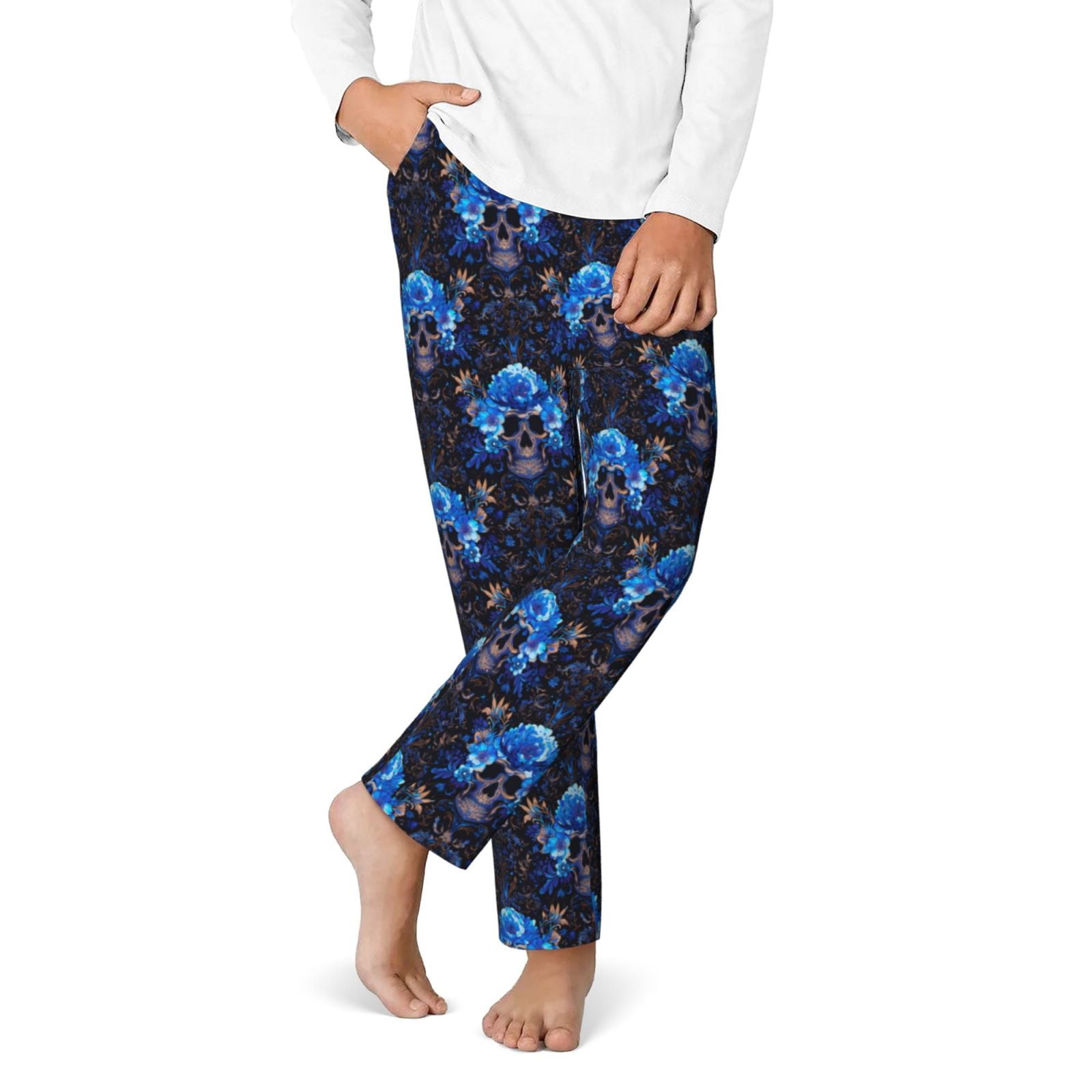 Vsdgher cool blue flower Skull Print Kids Pajama Pants,Long Sleep Plaid ...