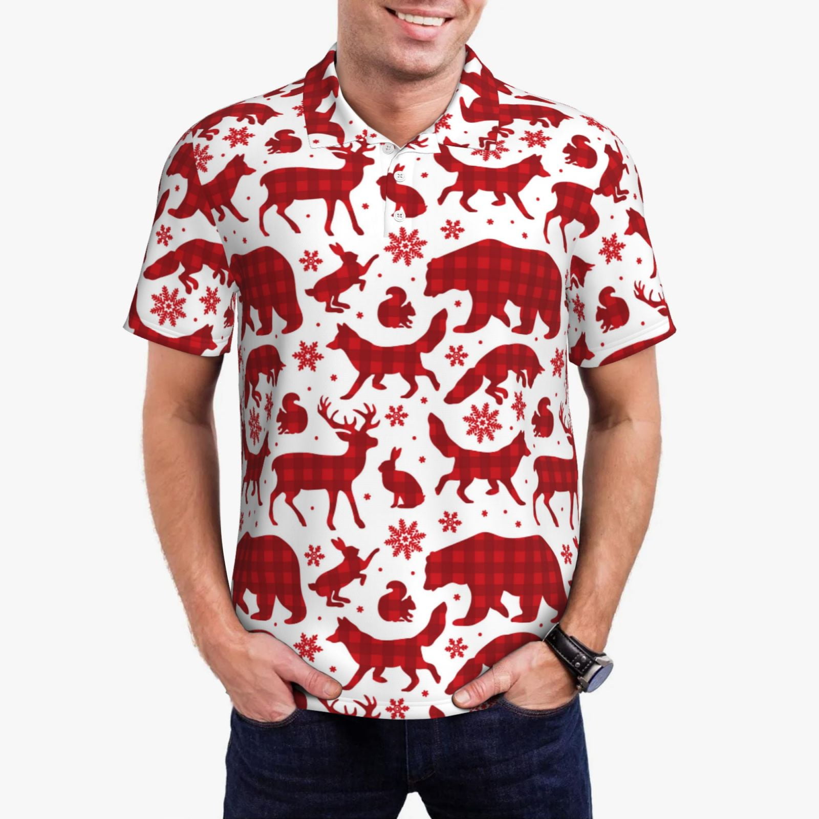 Vsdgher red plaid Moose Bunny bear Polo Shirts for Men, Men's Short ...