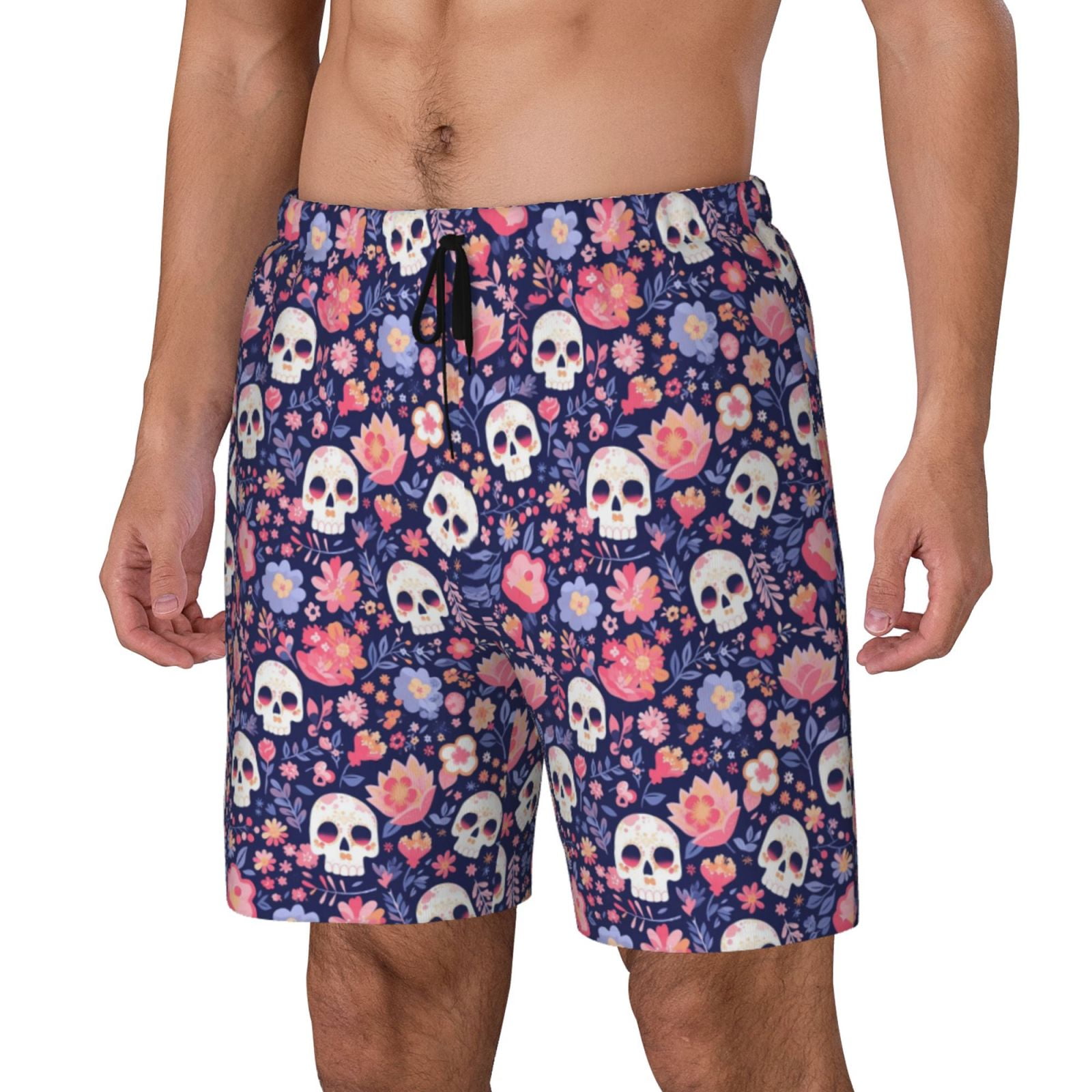 Vsdgher white Skull Flower for Mens Swim Trunks with Compression Liner ...