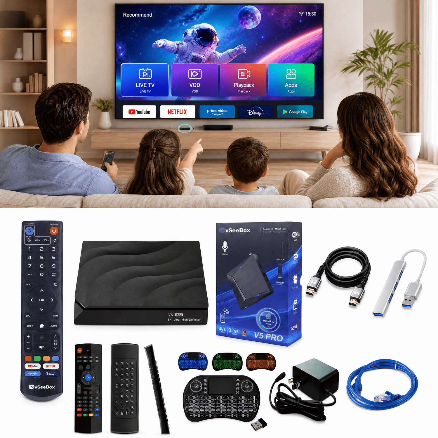 Vseebox V5 Pro Android TV Box with 4GB+32GB Storage, Vsee Box Voice ...