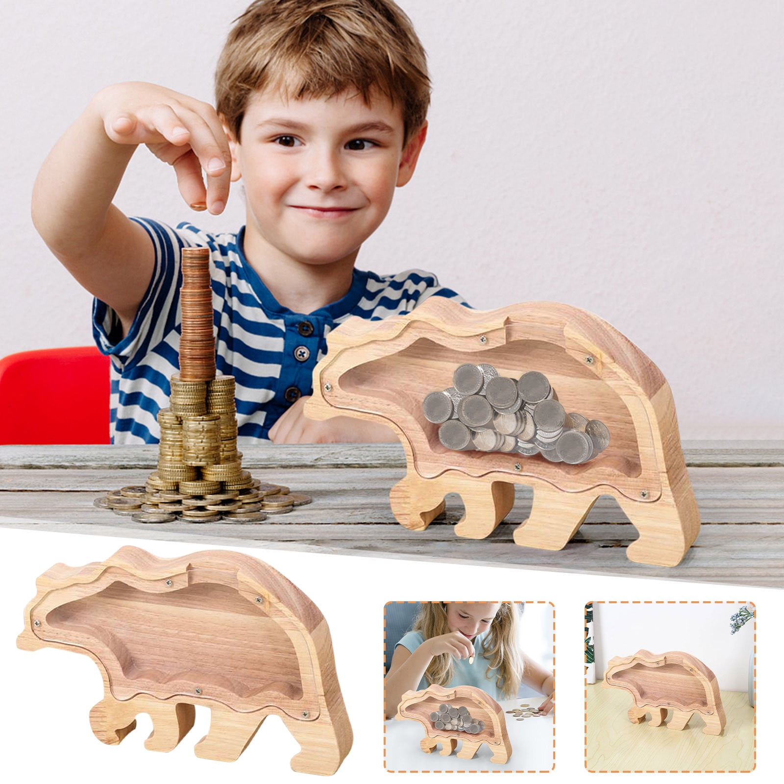 Vsontor Bear Solid Wood High-Capacity Coin Storage Transparent Currency ...