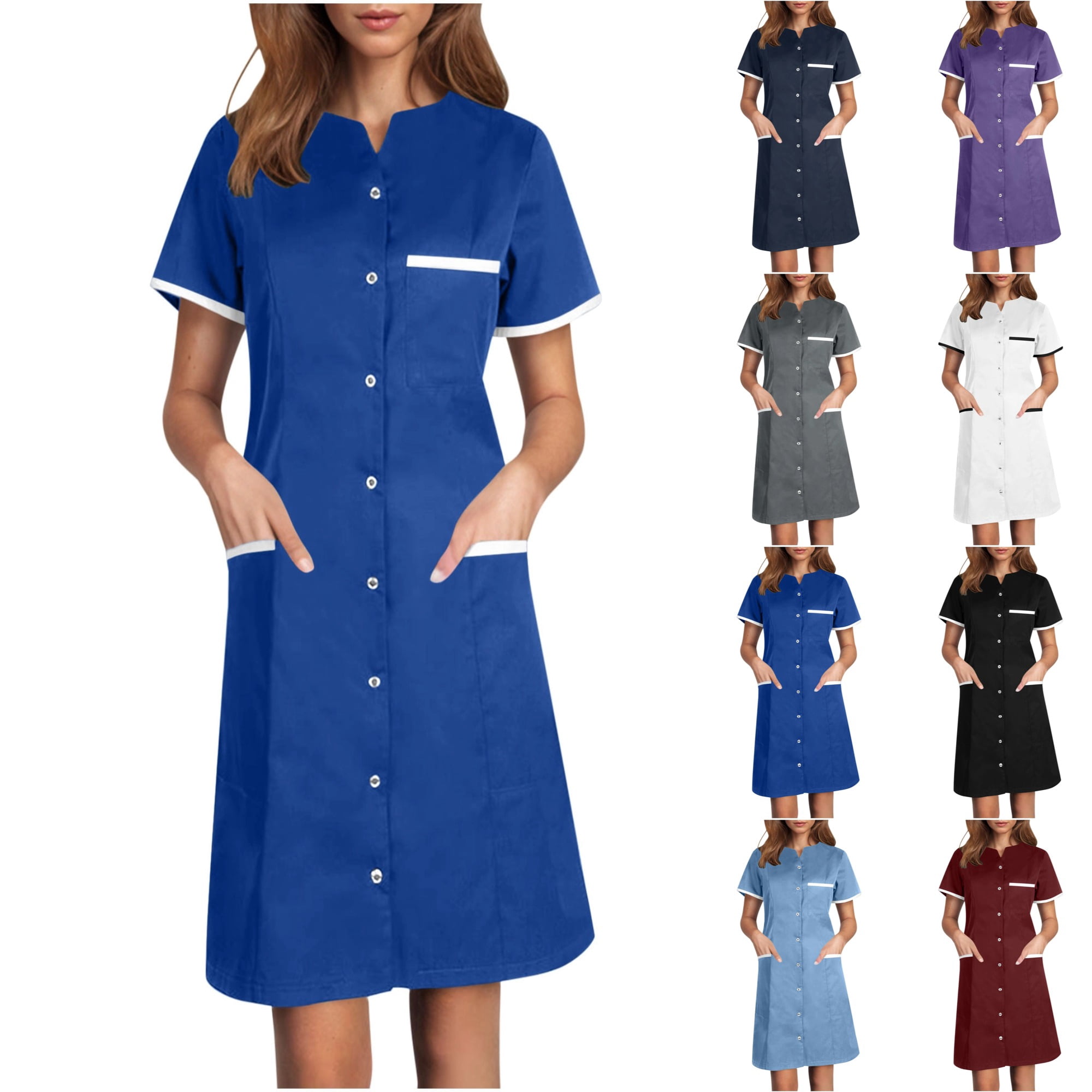 VtModv Women'sSolid Color With Pockets Button Splicing Lapel Caregiver ...