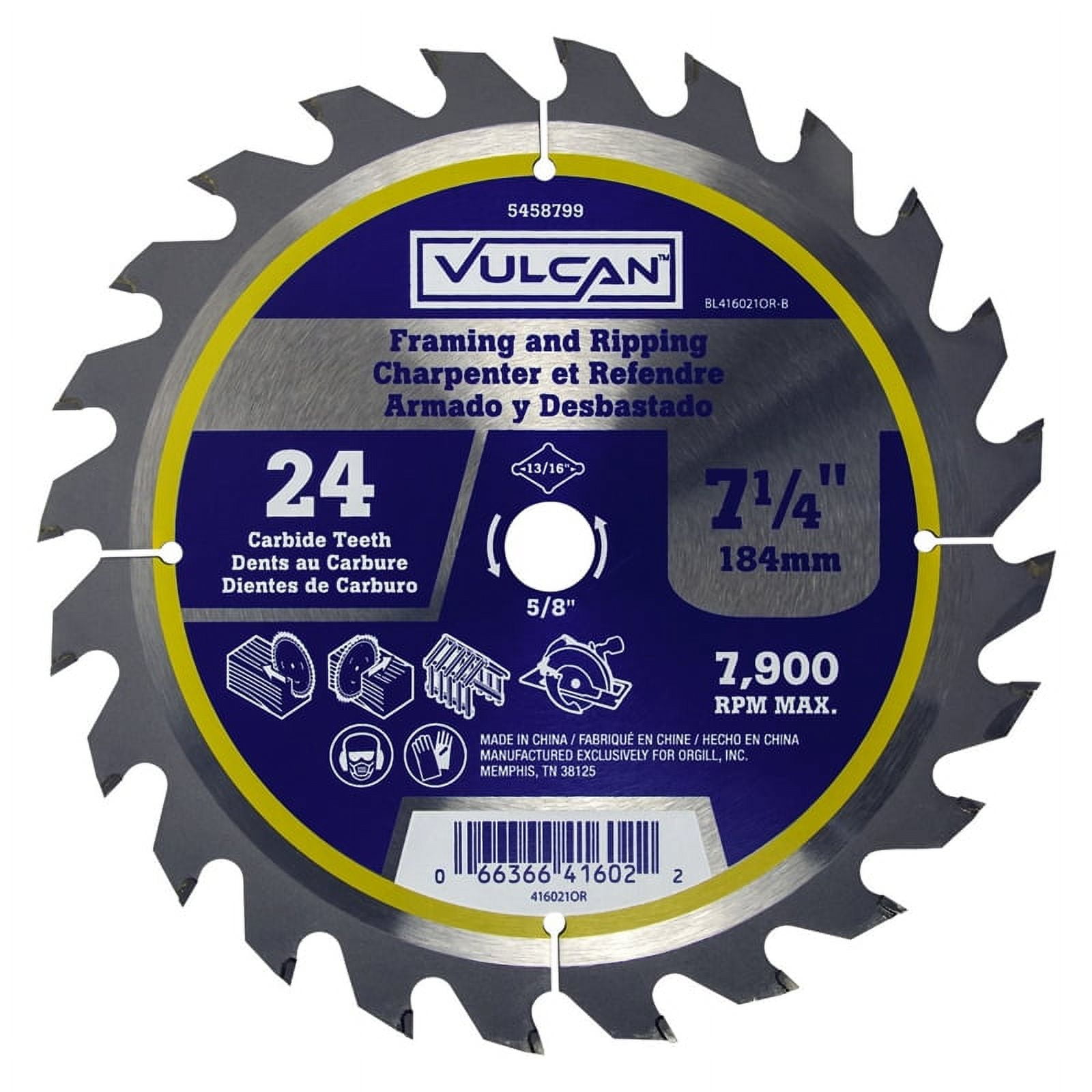 Vulcan 416021OR Circular Saw Blade, 7-1/4 in Dia, 5/8 and 13/16 Diamond ...