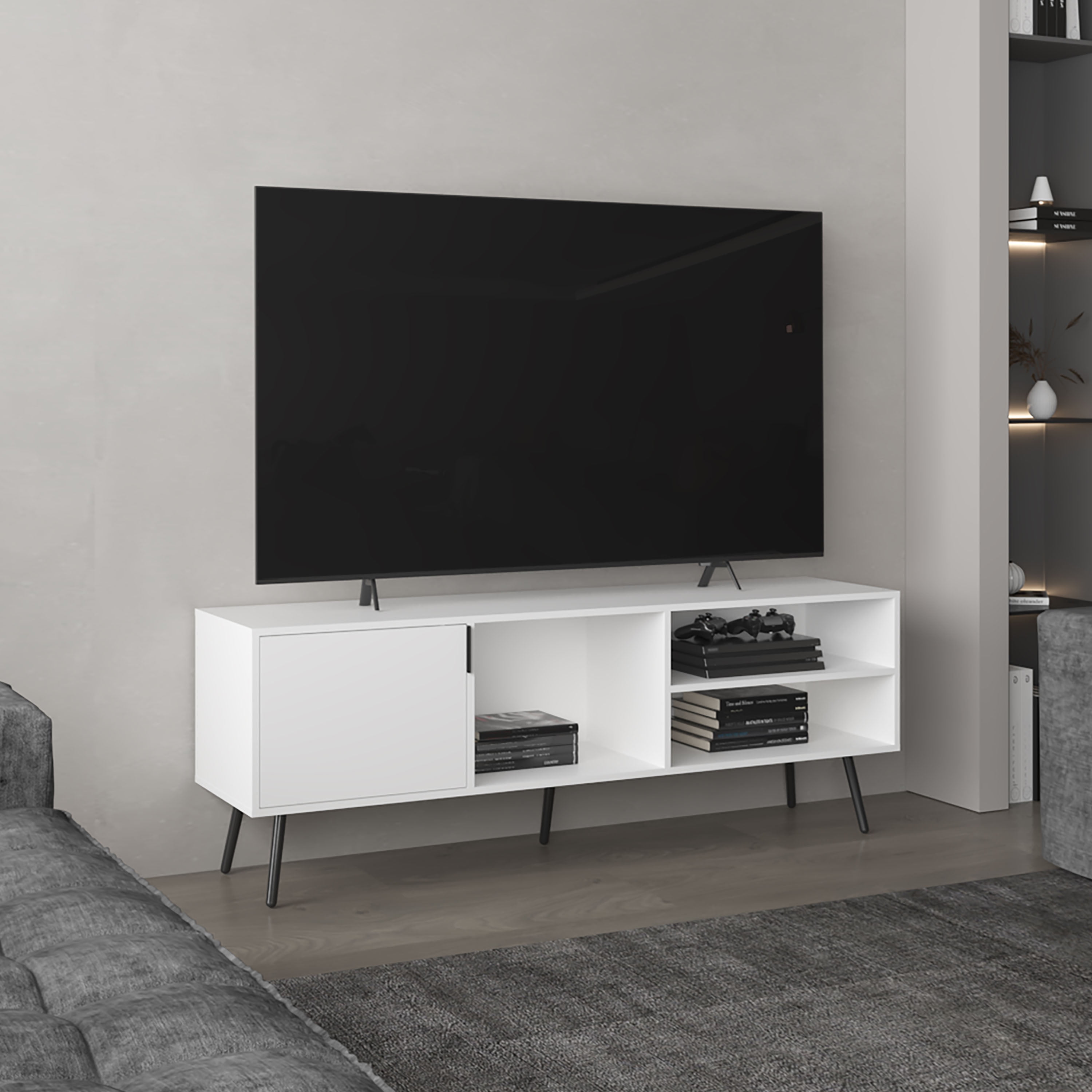 Vulcan 63" Modern White TV Stand | Cabinet & 3 Open Shelves | Cable ...