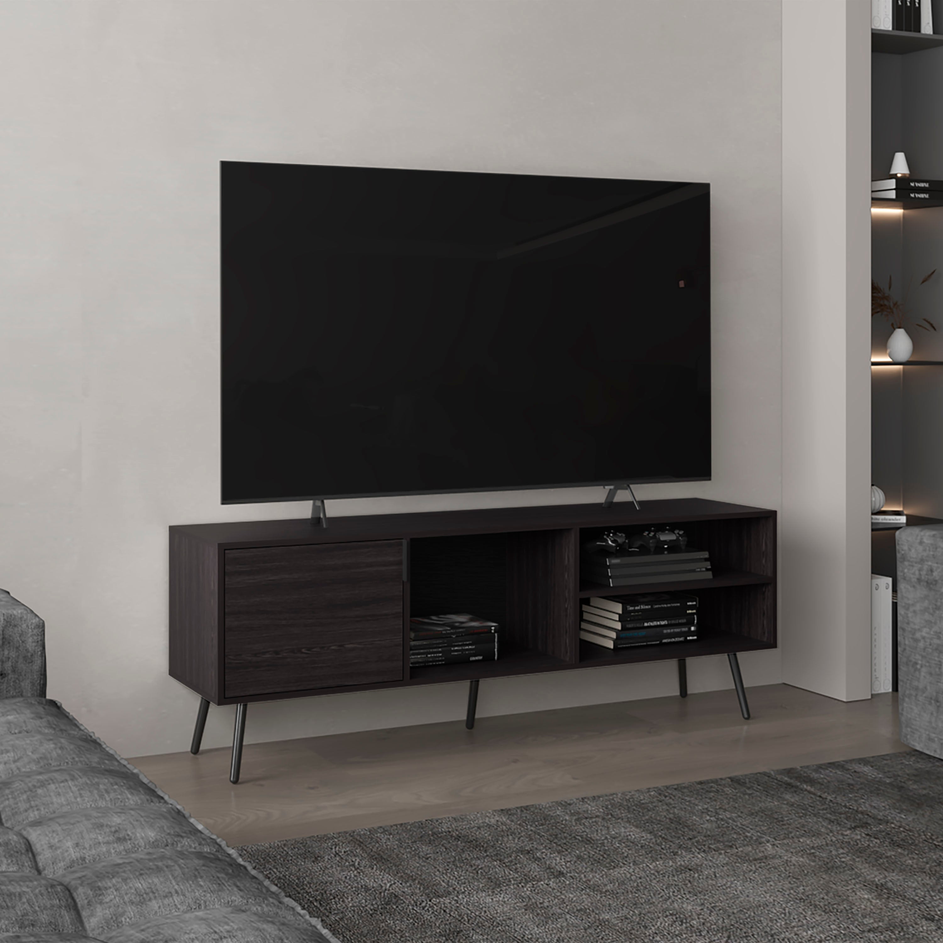 Vulcan 63" Wide Tv Stand with One Cabinet, Three Open Shelves, Cable ...