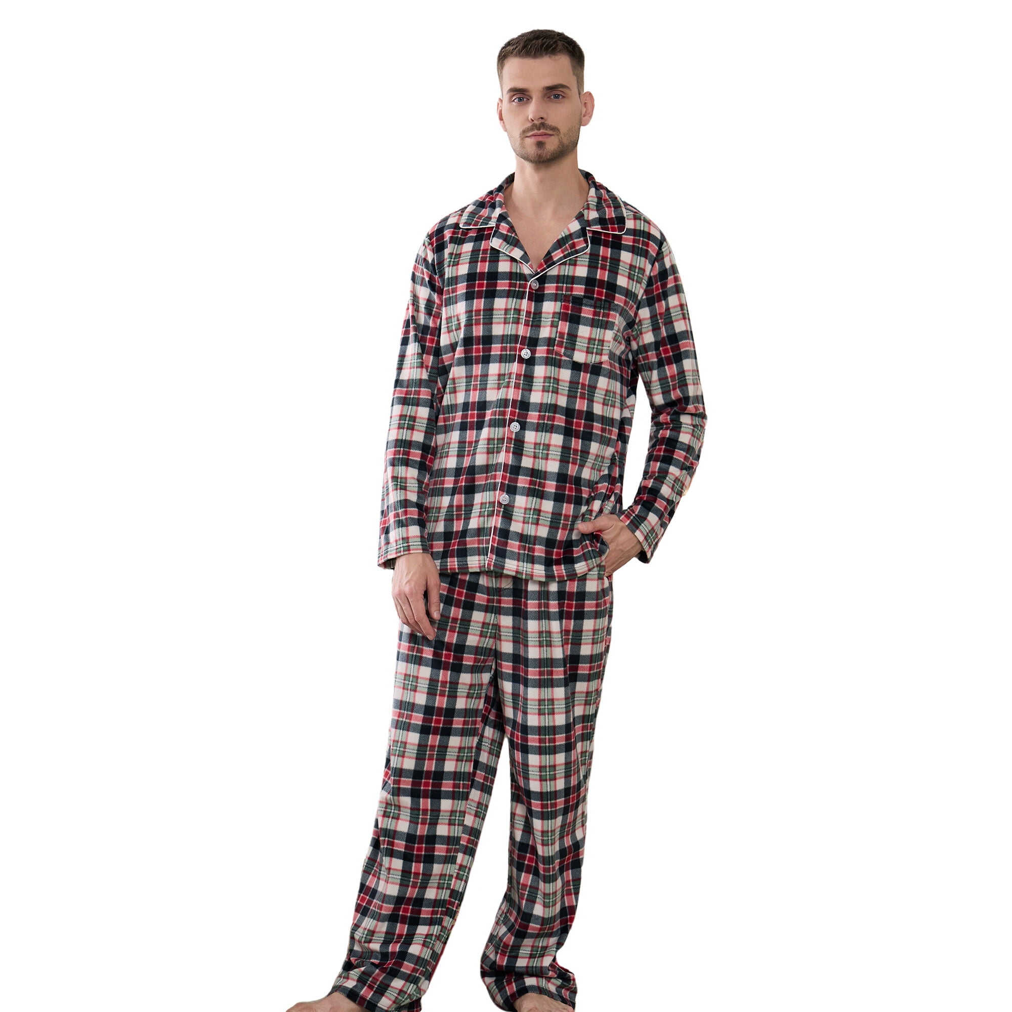 Vulcanodon Men's Plaid Pajama Set, Soft Long Sleeve Button-Down 2-piece ...