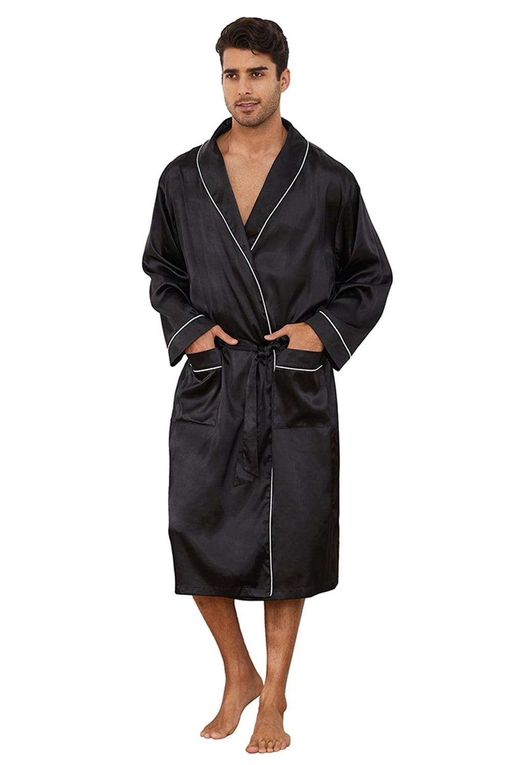 Vulcanodon Men's Satin Robe, Silk Kimono Bathrobe, Luxurious, Black ...
