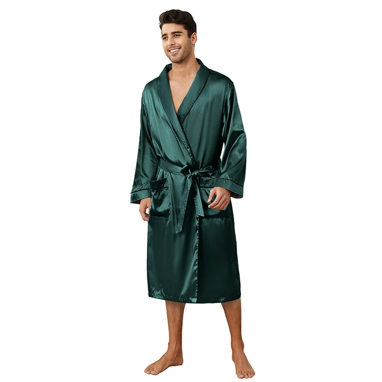 Vulcanodon Mens Satin Robe Lightweight Men s Luxurious Silk Kimono BathrobeDark Green Large X Large Size Large XL