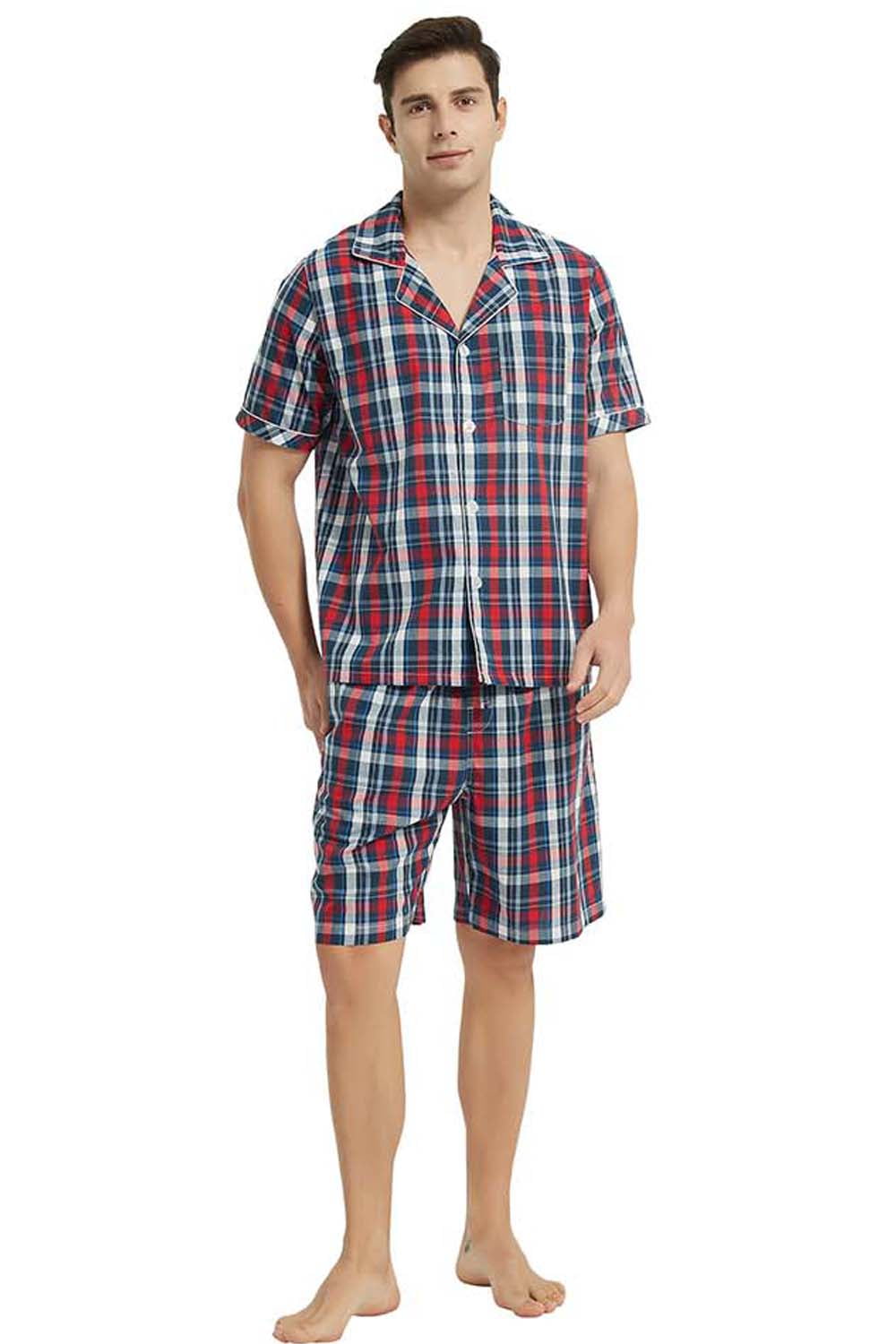 Vulcanodon Men's Cotton Pajama Set, Plaid PJ Lounge Sleepwear, Button ...