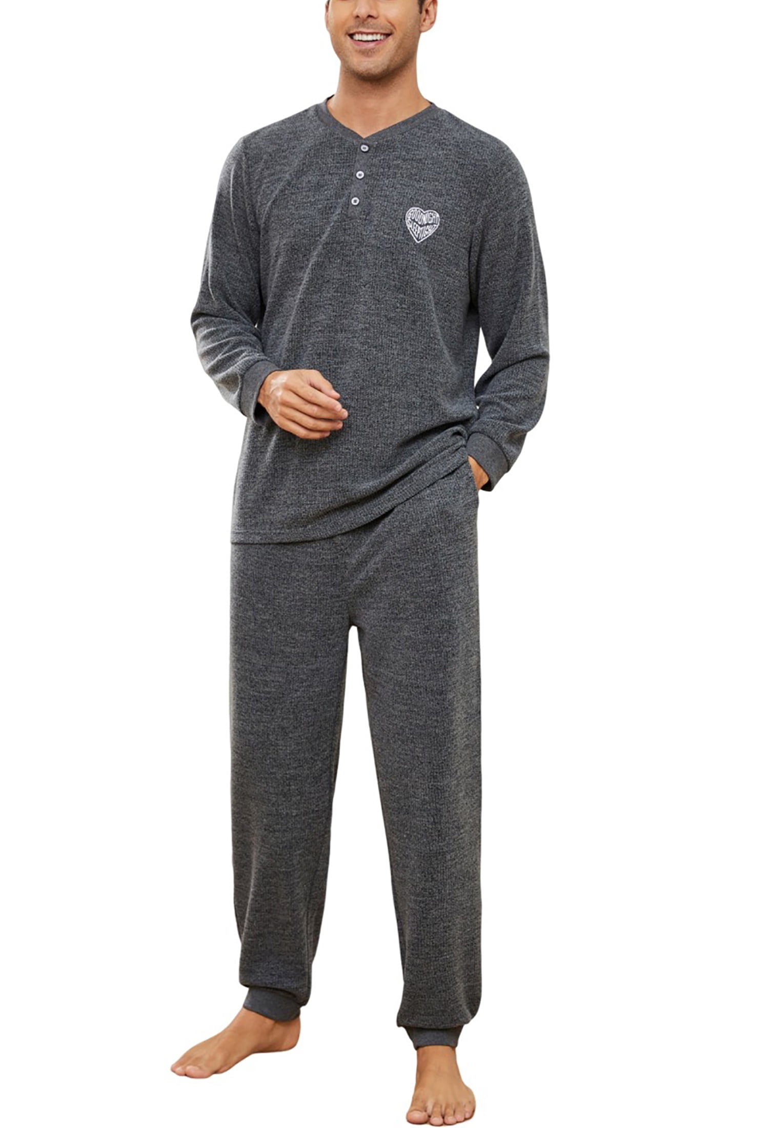 Vulcanodon Mens Pajama Set, Long Sleeve Henley Collar Loungewear for ...