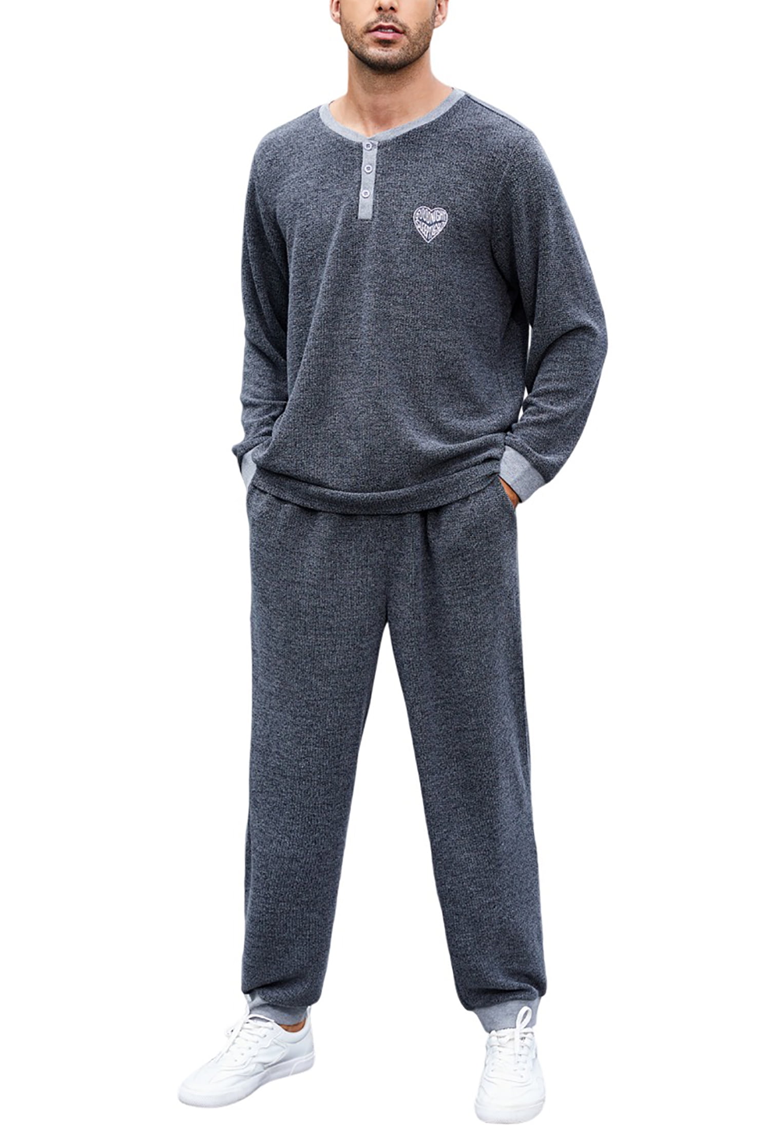 Vulcanodon Mens Pajama Set, Long Sleeve Henley Collar Loungewear for ...