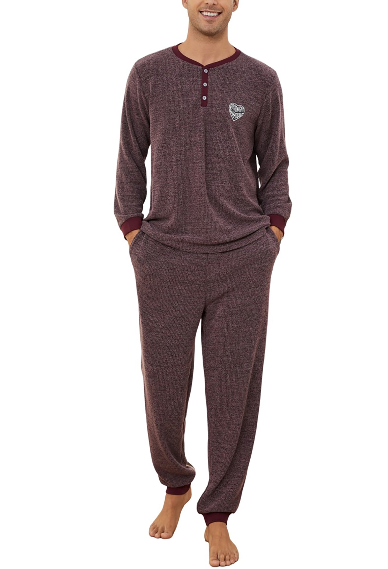 Vulcanodon Mens Pajama Set, Long Sleeve Henley Collar Loungewear for ...